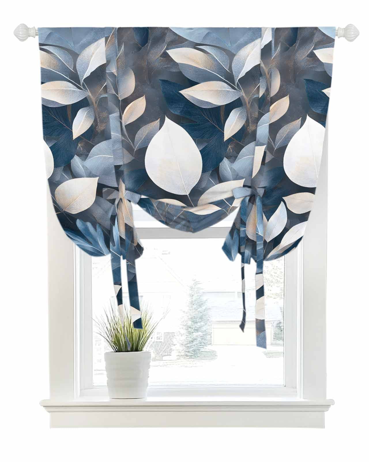 Blue Leaves Tie Up Curtains for Window, Thermal Insulated Balloon Shade Adjustable Rod Pocket ...