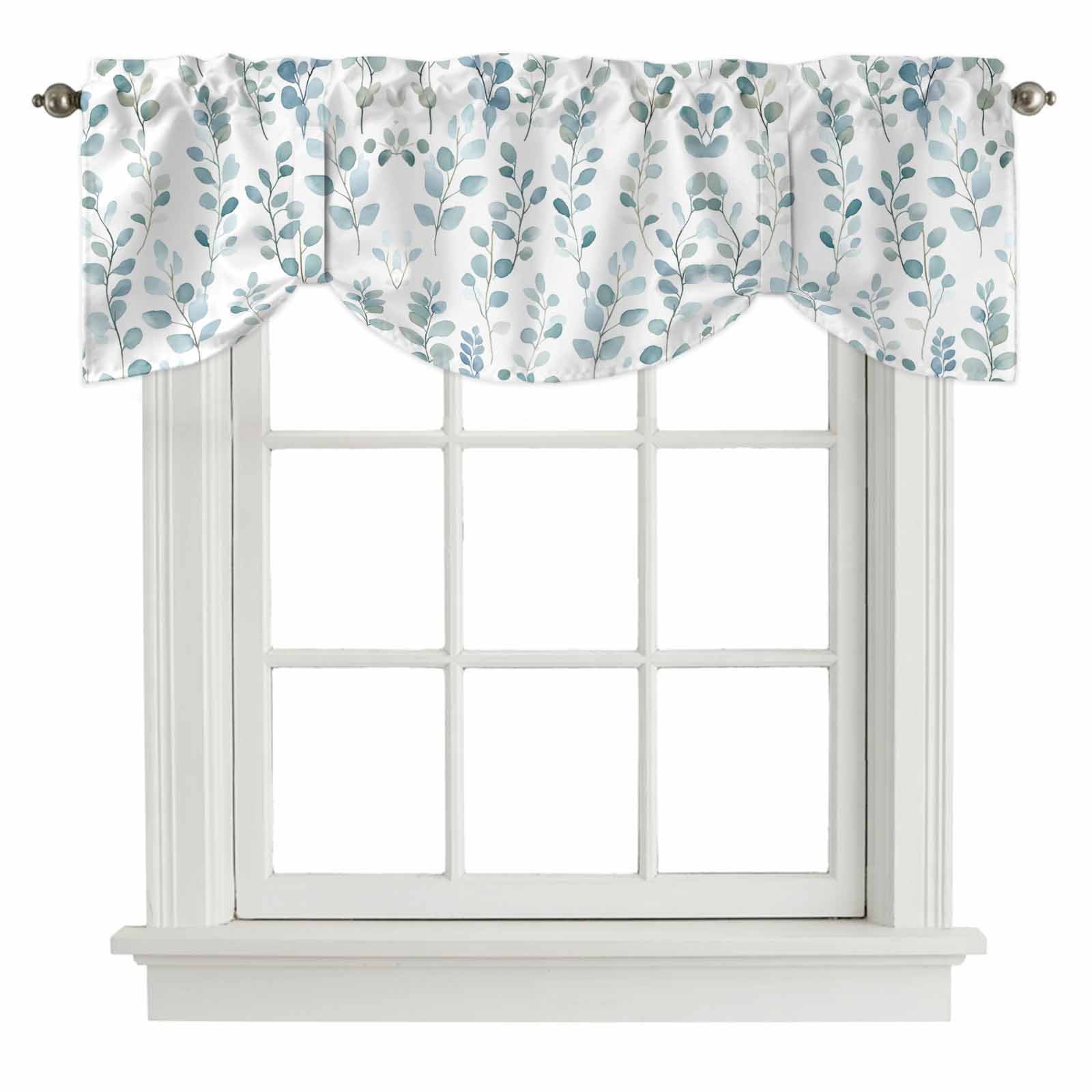 Blue Leaves Tie Up Valance for Windows, Watercolor Branch Spring ...