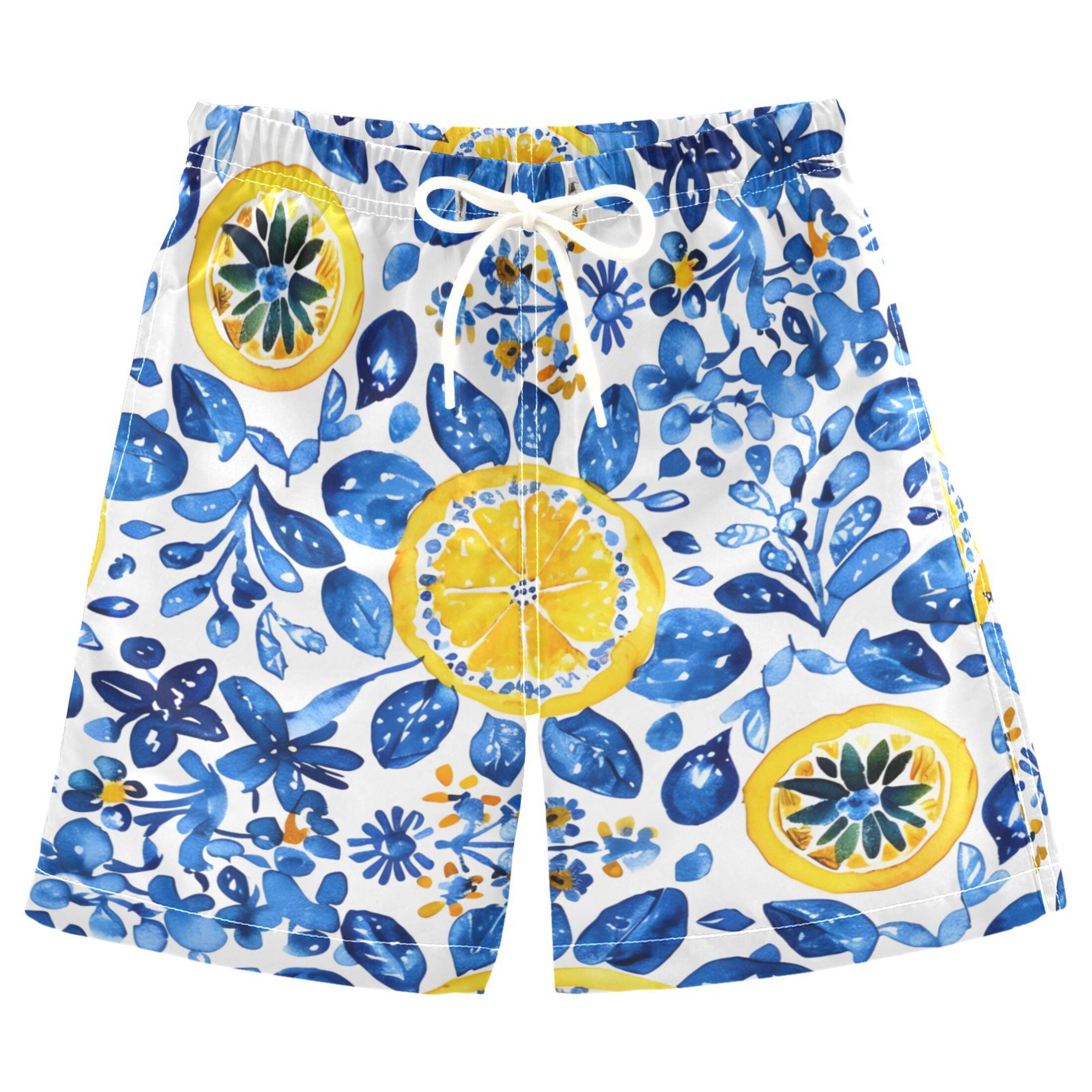 Blue Leaves Watercolor Lemon Boys' Beach Pants Board Shorts Swim Trunks ...