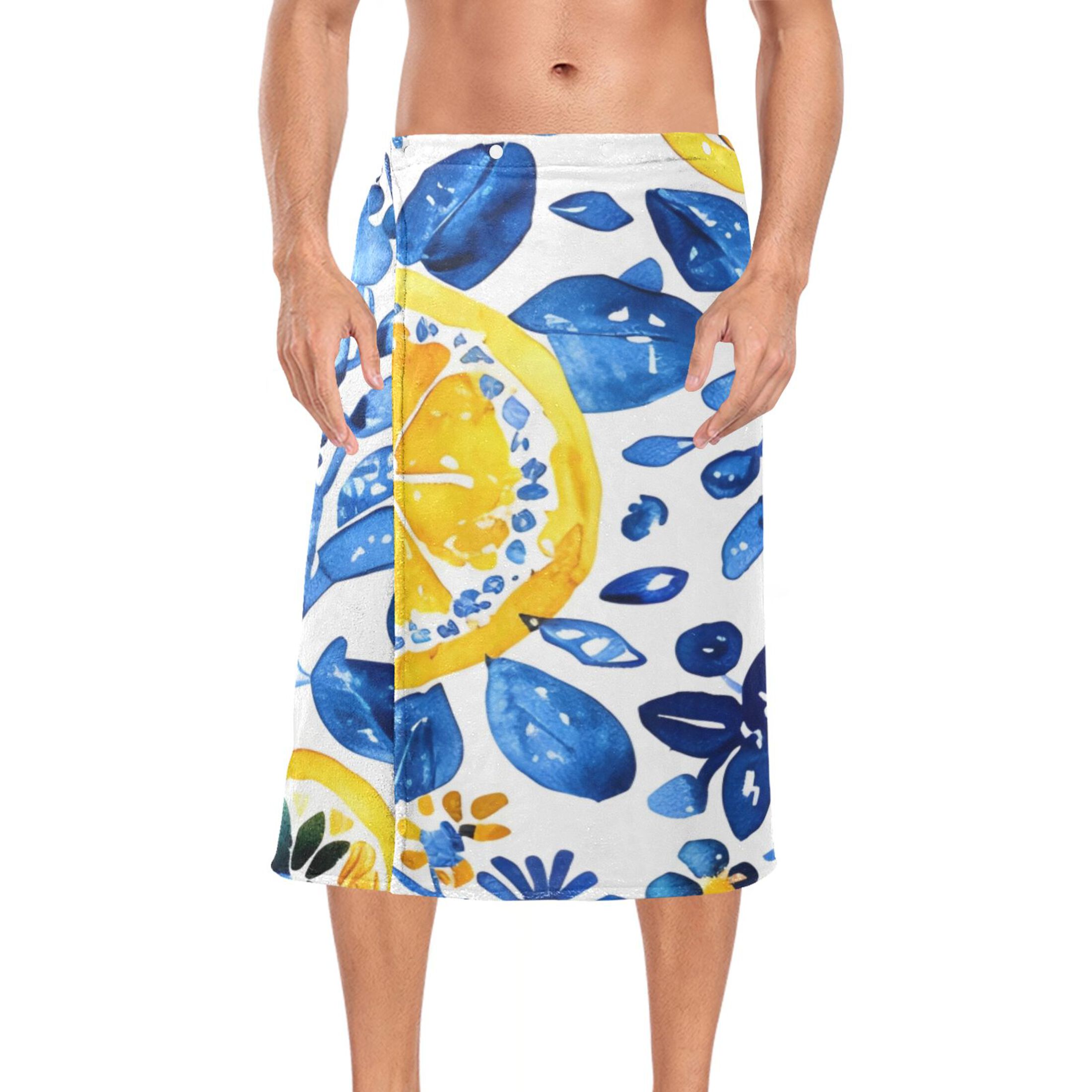 Blue Leaves Watercolor Lemon Men's Bath Towel Adjustable Spa Wrap ...