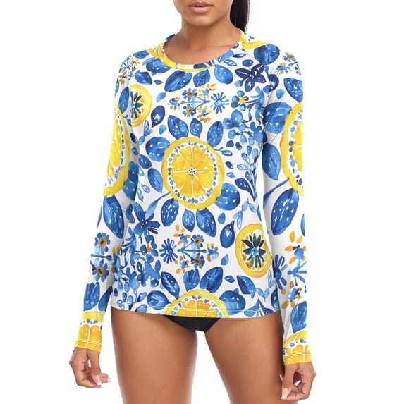 Blue Leaves Watercolor Lemon Women's Rash Guard Shirts UPF 50+ Sun ...