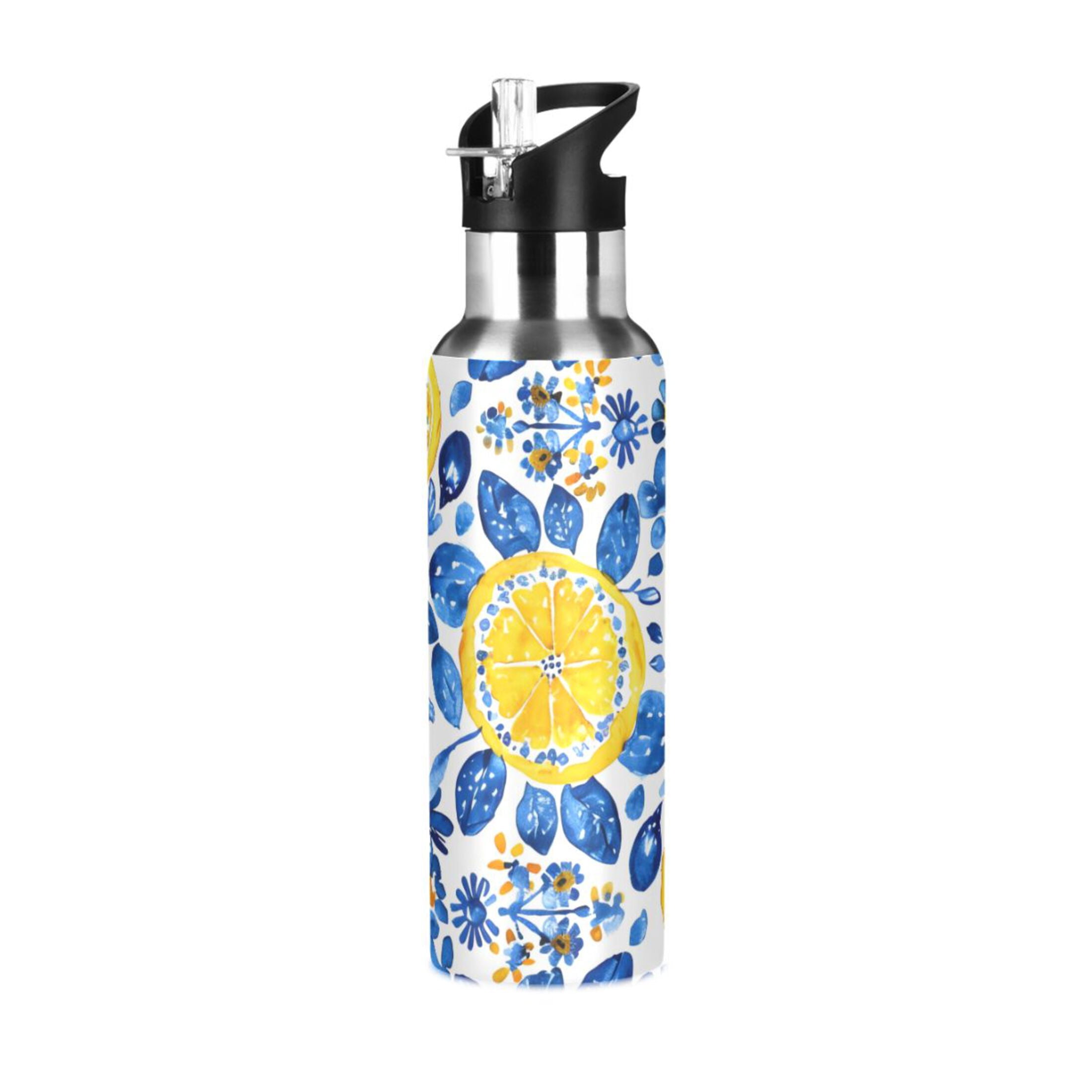 Blue Leaves Watercolor LemonSports Bottle with Straw Stainless Steel ...