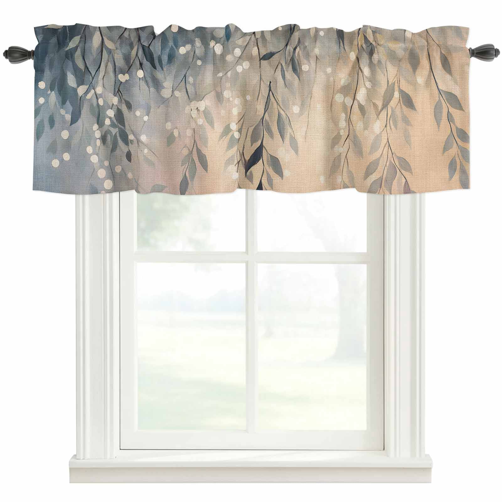 Blue Leaves Window Valance Curtain Tree Branch Rod Pocket Short Curtain ...