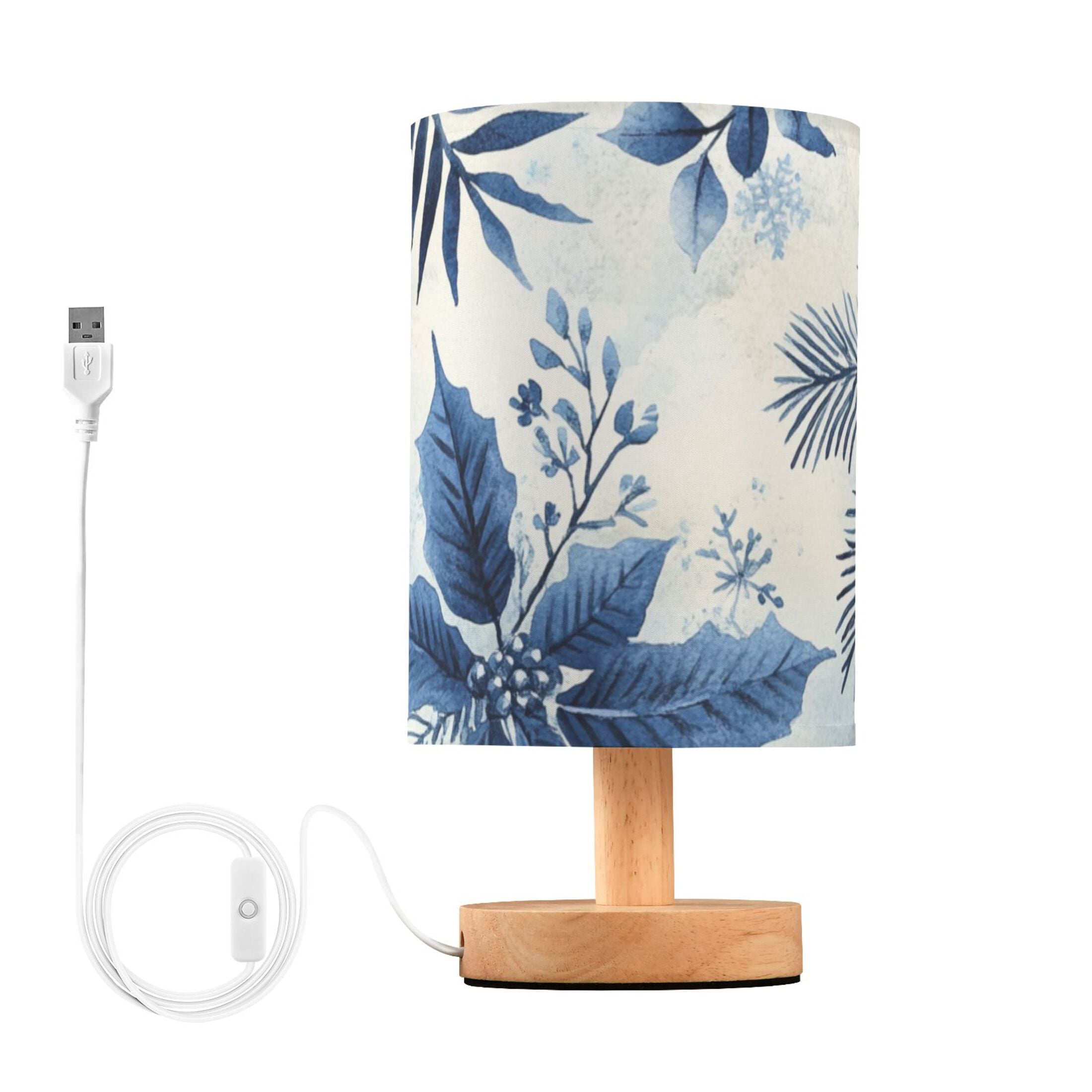 Blue Leaves and Flowers Table Lamp for Desk Nightstand Lamp with USB ...
