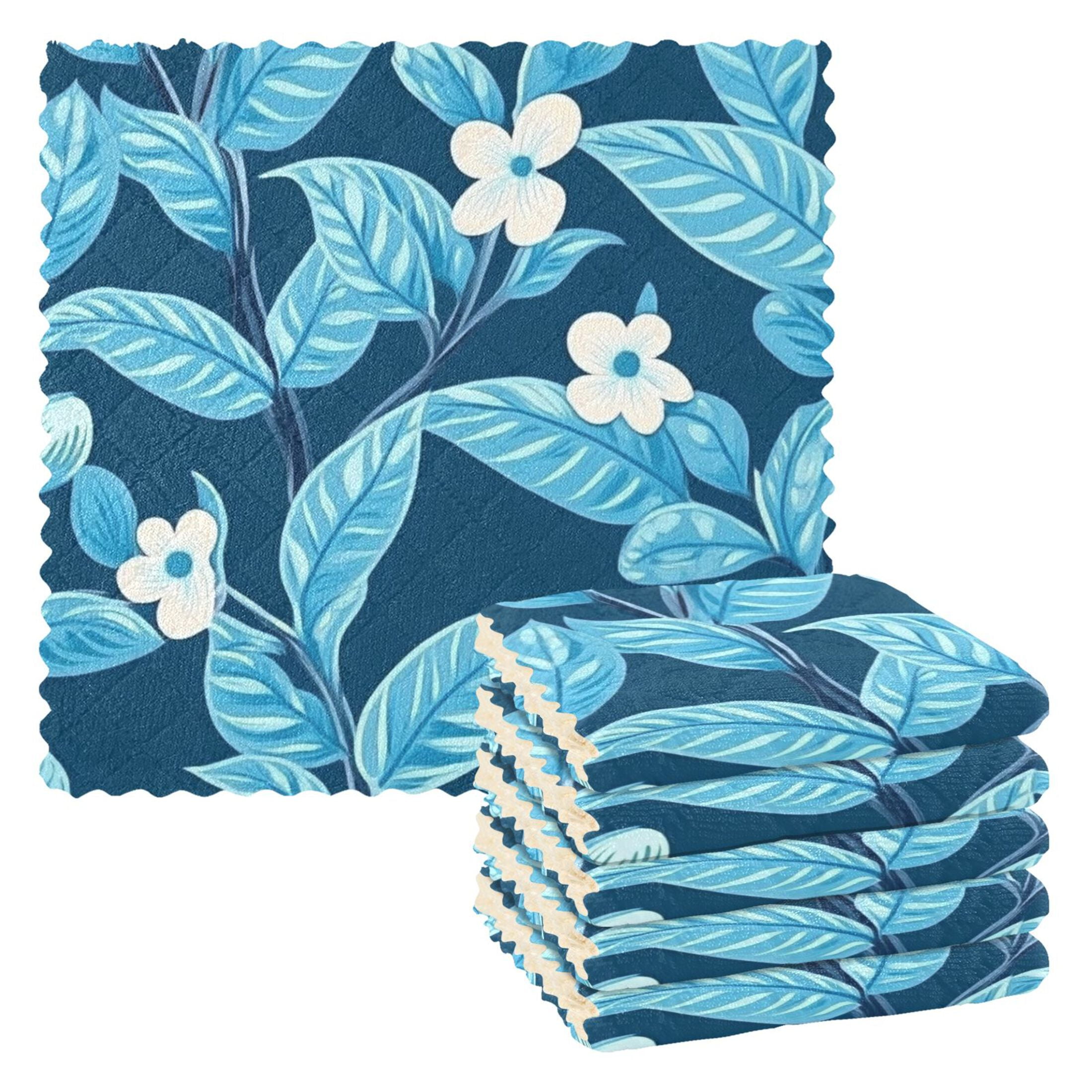 Blue Leaves and Little Flowers Kitchen Cloth Dish Towels for Drying ...