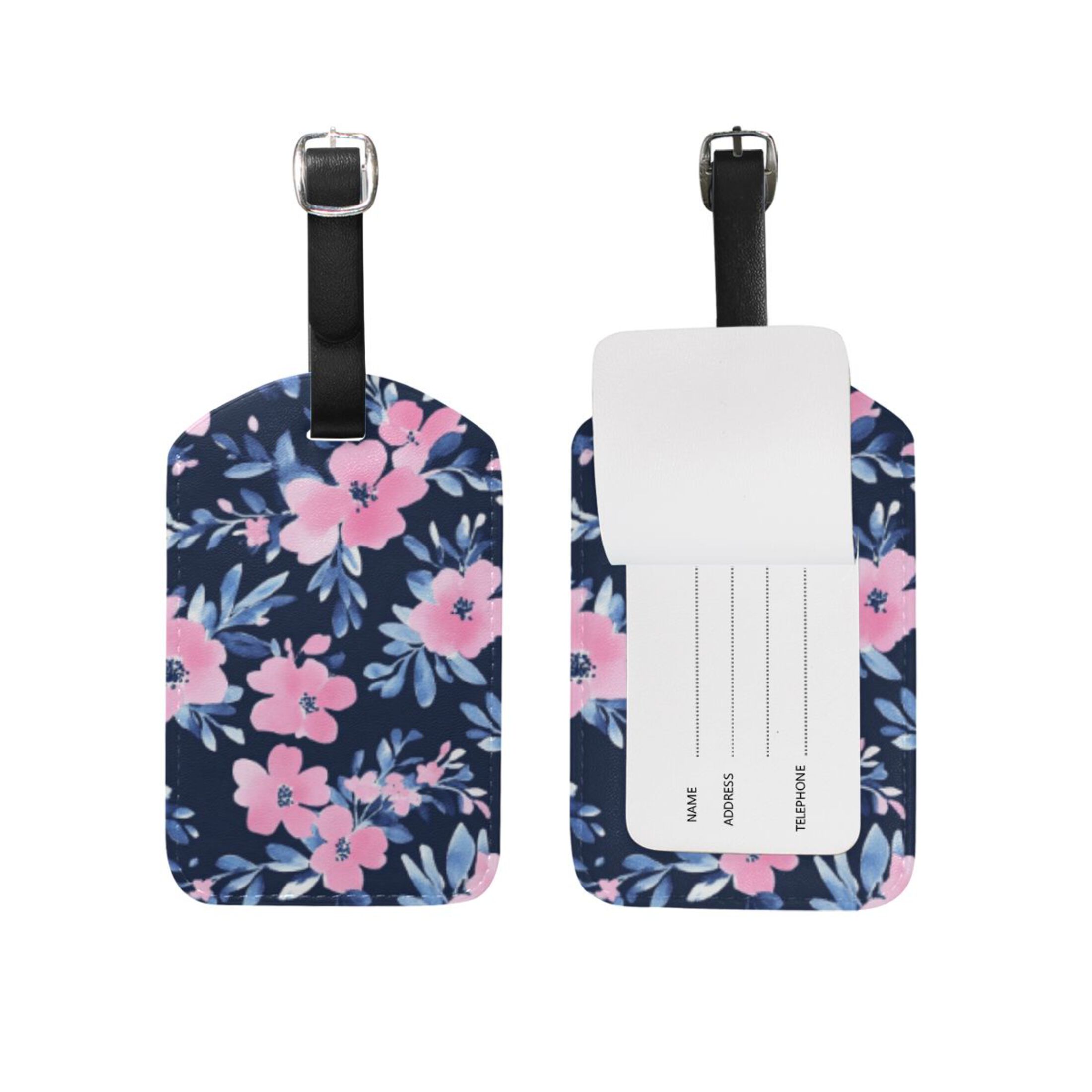 Blue Leaves and Pink Petals Luggage Tags PU Leather Name ID Labels for ...