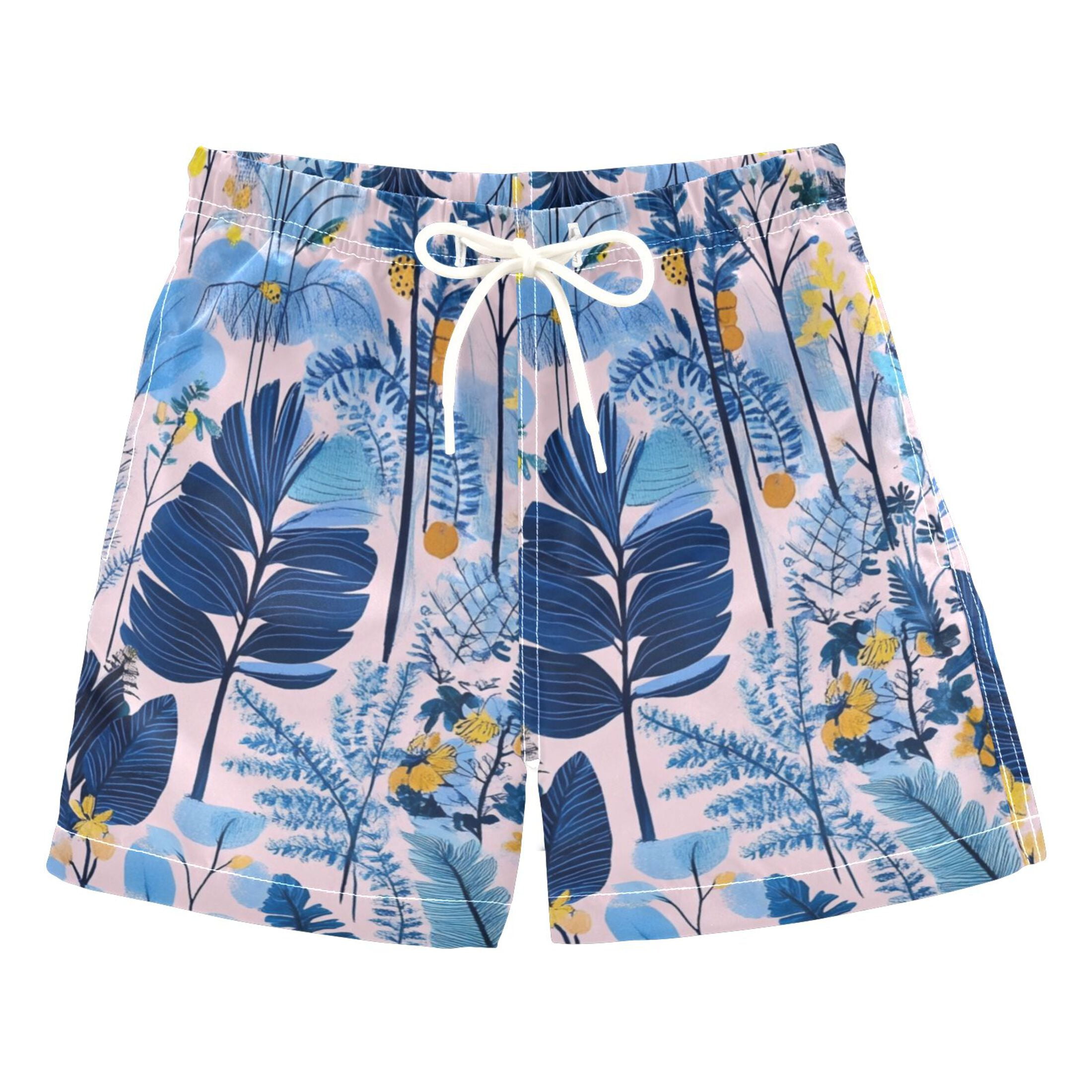 Blue Leaves and Plants Boys Swim Trunks Quick Dry Boy Swim Shorts for 3 ...