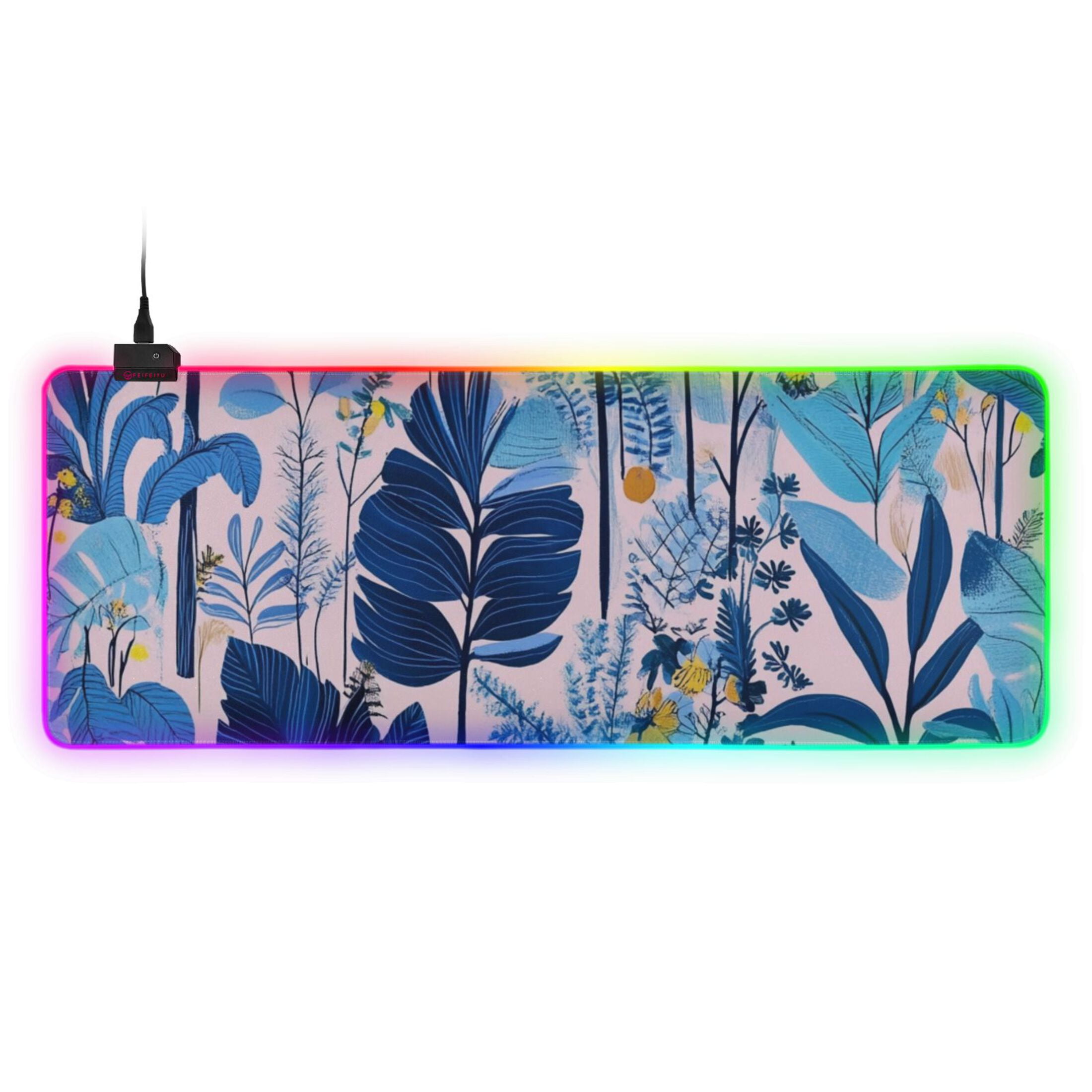 Blue Leaves and Plants RGB Gaming Mouse Pad Large Keyboard Mat Rubber ...