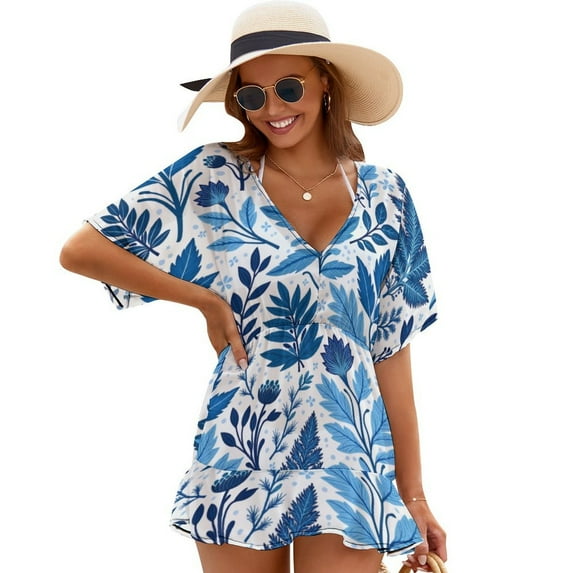 Blue Leaves on White Beach Cover Ups Women V Neck Short Sleeve Dress ...