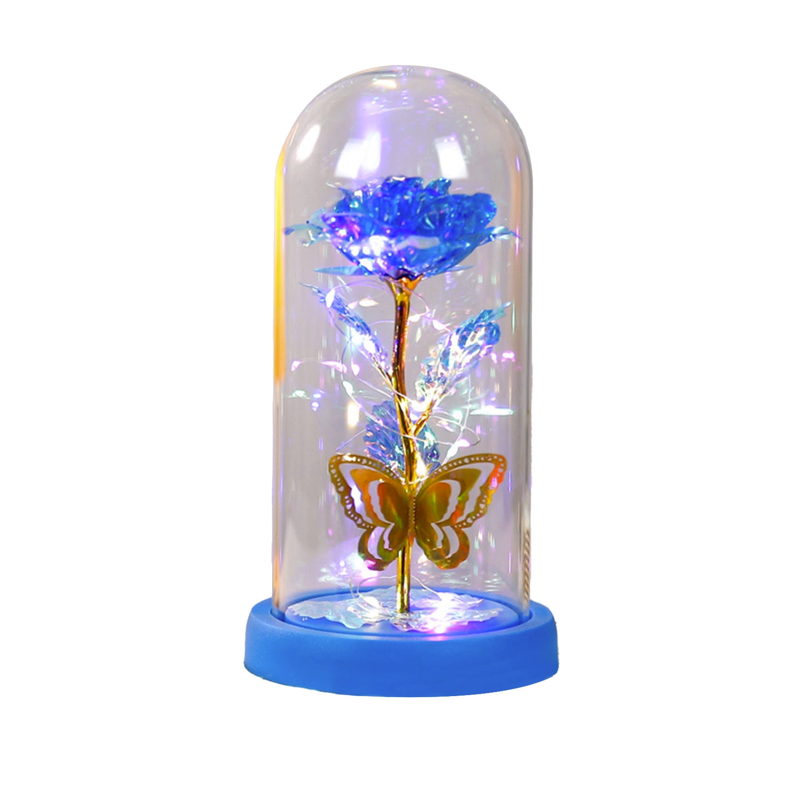 Blue Led Preserved Rose Night Light With Glass Dome Butterfly Design ...