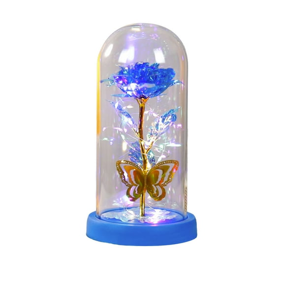 Blue Led Preserved Rose Night Light With Glass Dome Butterfly Design ...