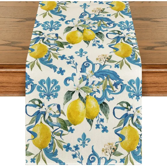 Blue Lemon Iris Summer Linen Table Runners Coffee Party r Kitchen ...