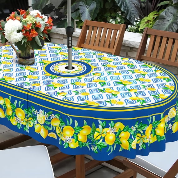 Blue Lemon Outdoor Tablecloth with Umbrella Hole for Oval Table ...