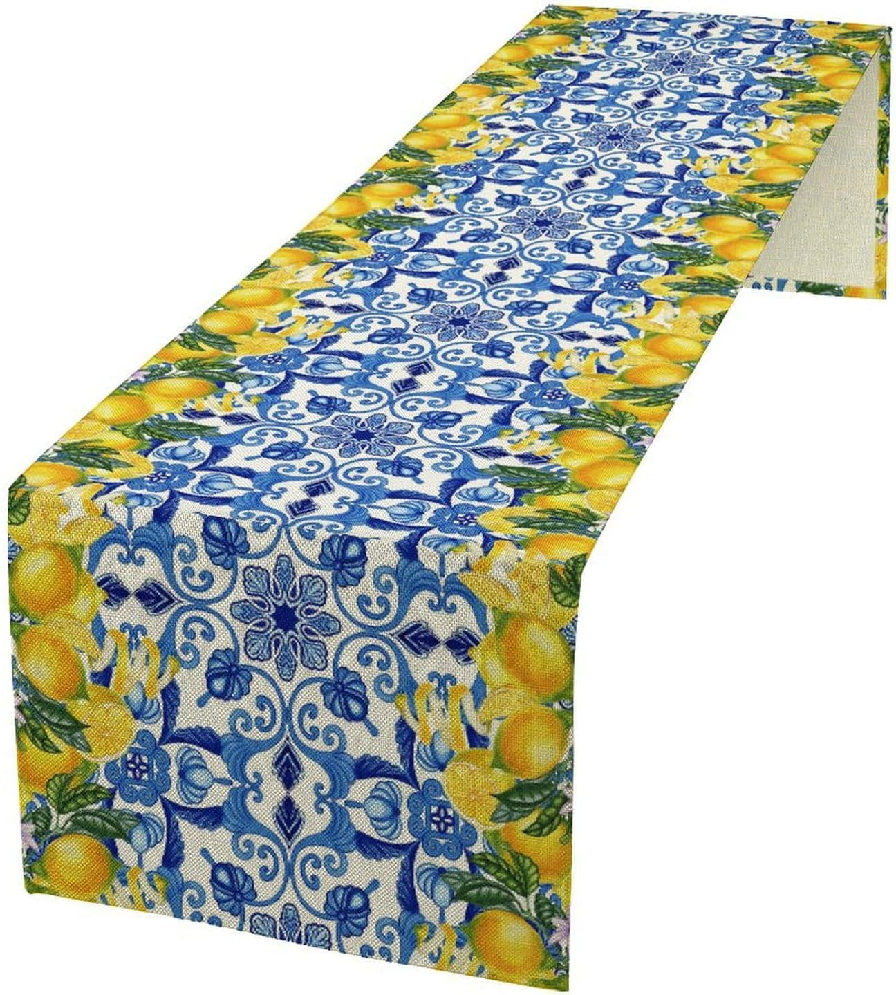 Blue Lemon Table Runner, Italy Tile Yellow Lemon Fruit Table Runners ...