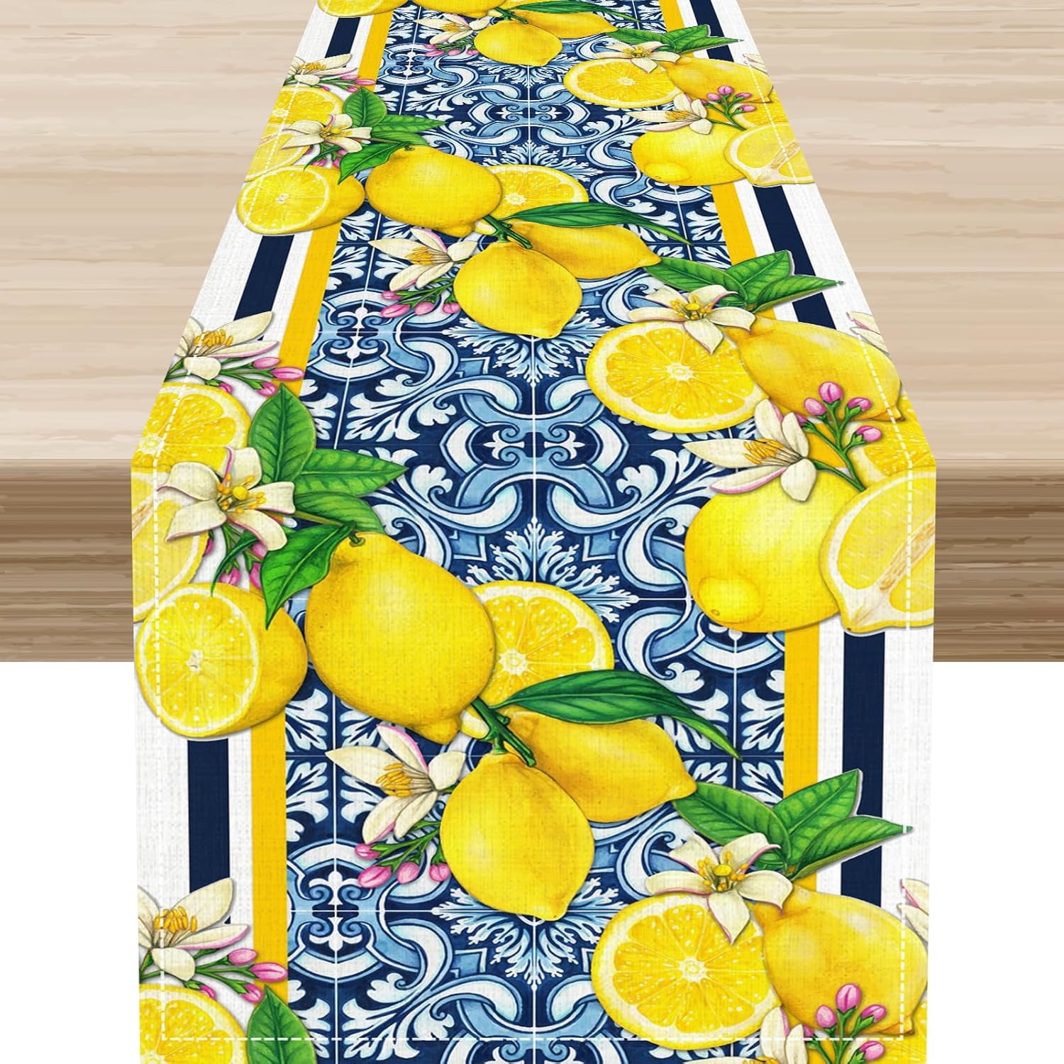 Blue Lemon Table Runner, Watercolor Summer Fruit Italian Blue Tiles ...