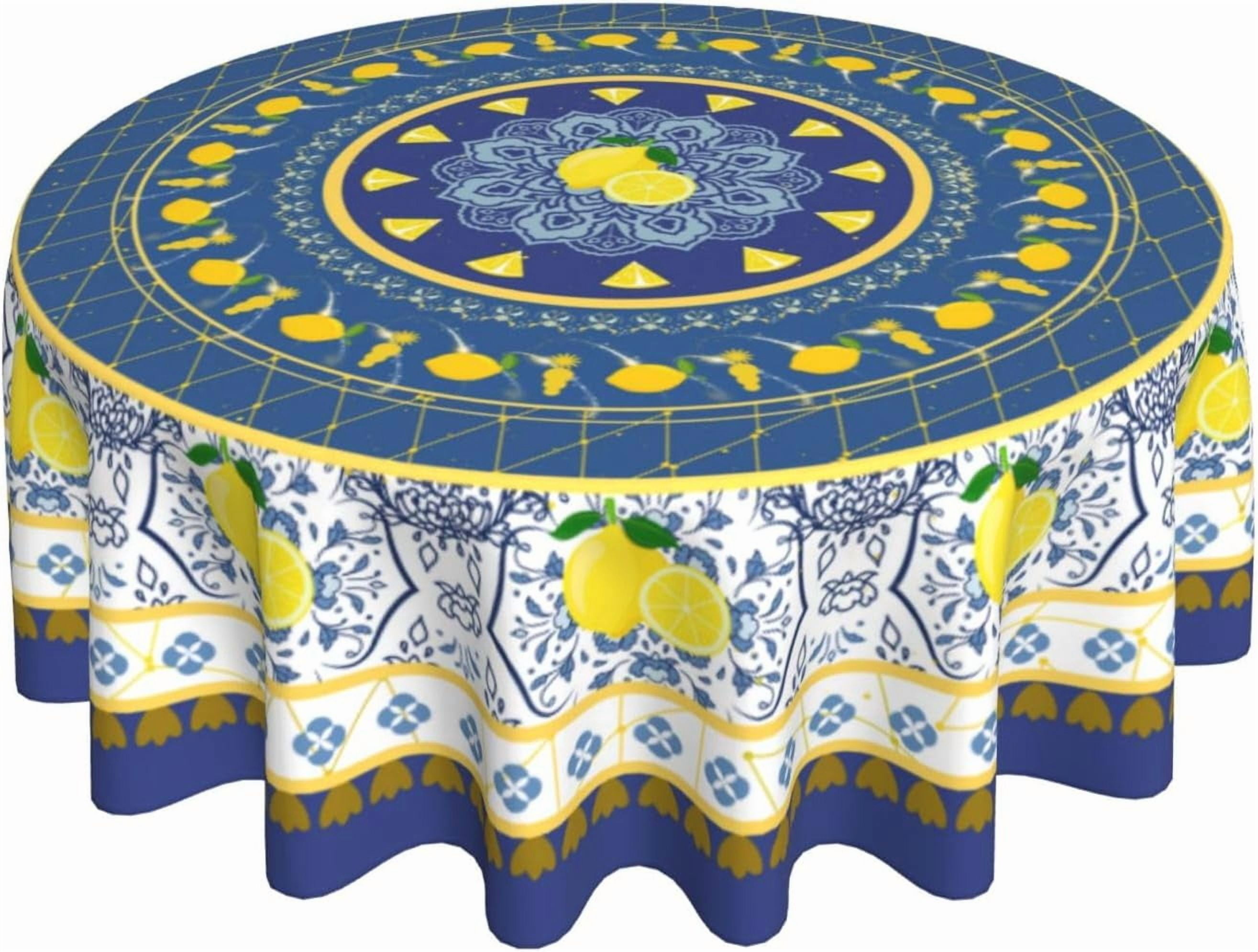 Blue Lemon Tablecloth Round 60 Inch Boho Floral Fabric Table Cover ...