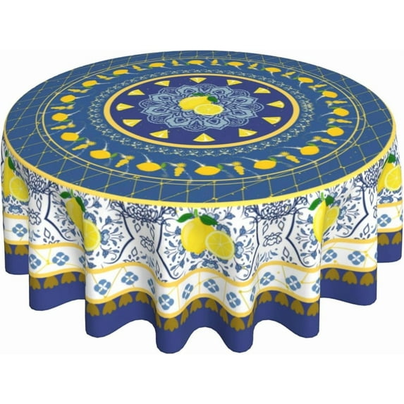 Blue Lemon Tablecloth Round 60 Inch Boho Floral Fabric Table Cover ...