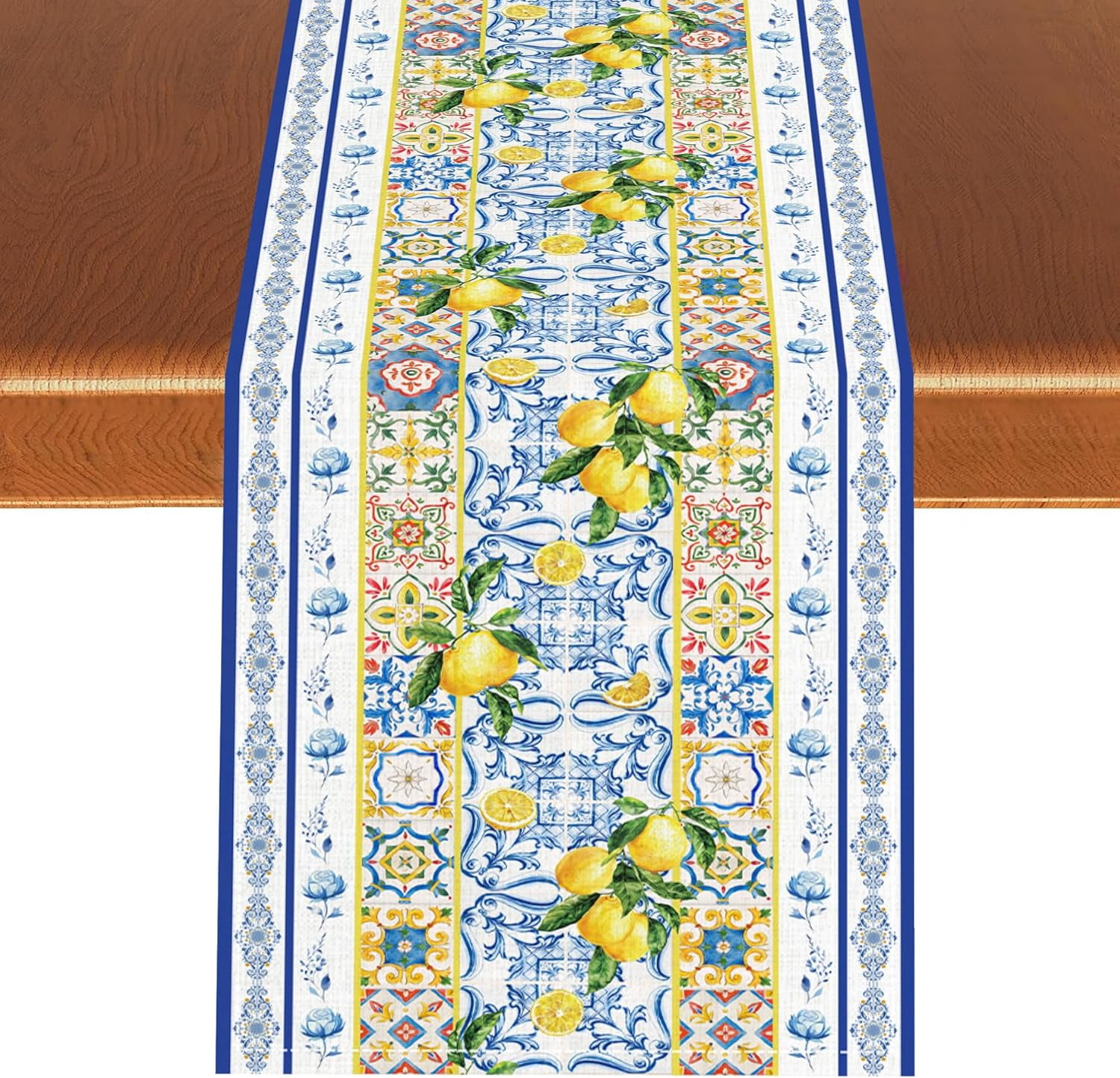 Blue Lemon Tiles Table Runner, Summer Fruit Lemon Mediterranean Ceramic ...