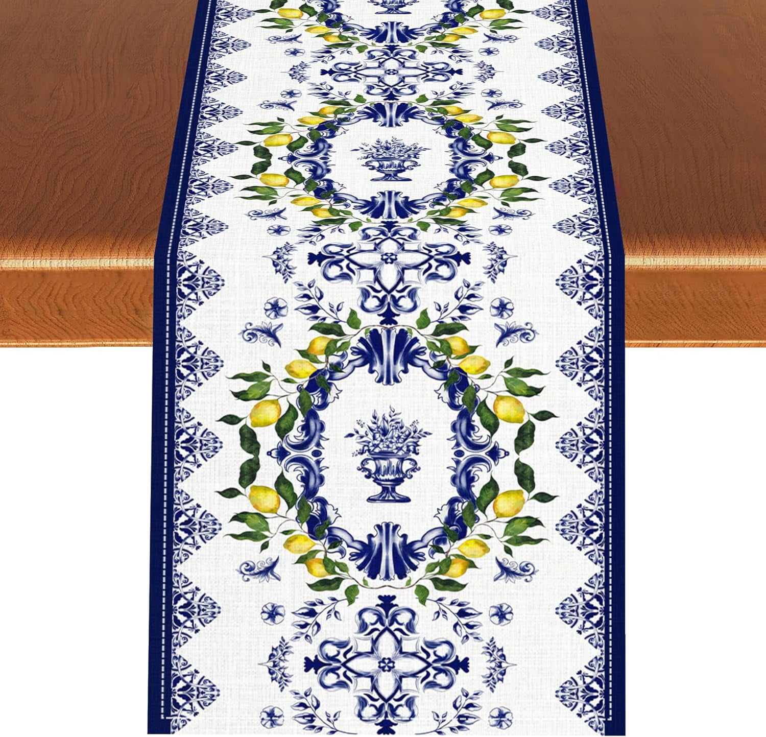 Blue Lemon Tiles Table Runner, Summer Fruit Lemon Mediterranean Ceramic ...