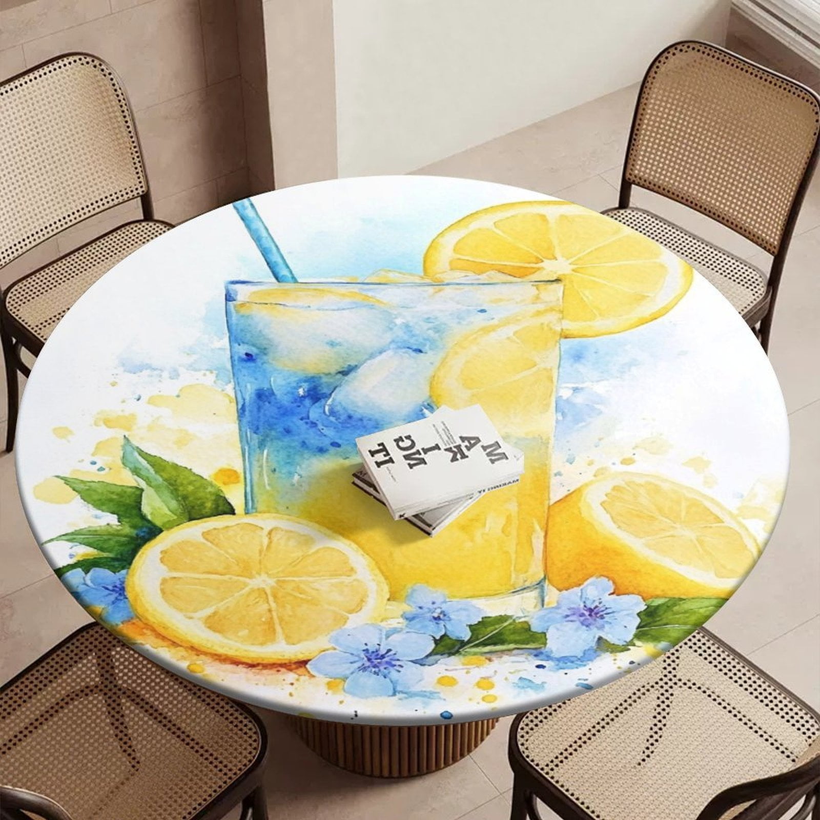 Blue Lemonade Watercolor Round Table Cover Kitchen Printed Waterproof ...