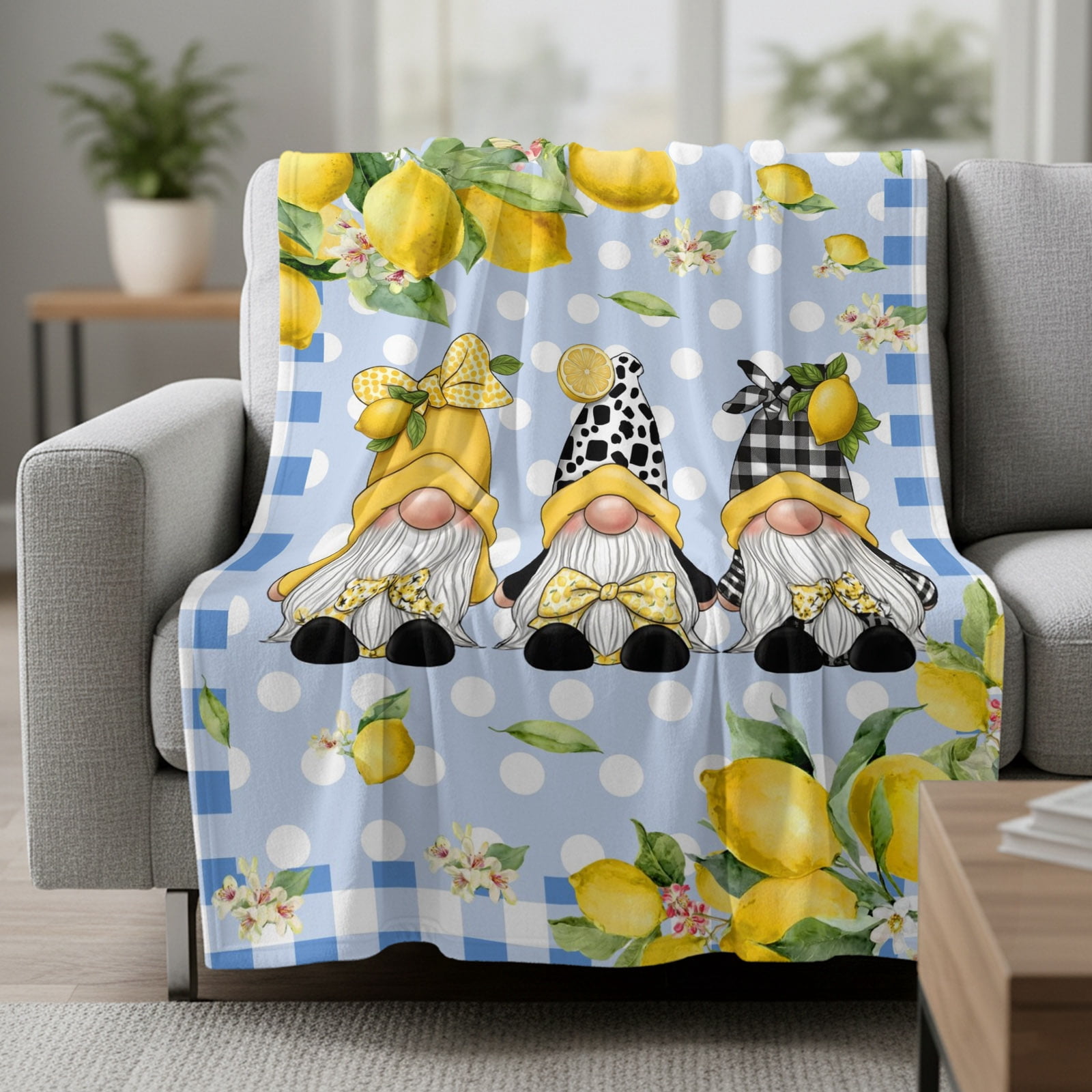 Blue Lemons Fleece Throw Blanket Gnomes Summer Fruit Flower Botanical ...