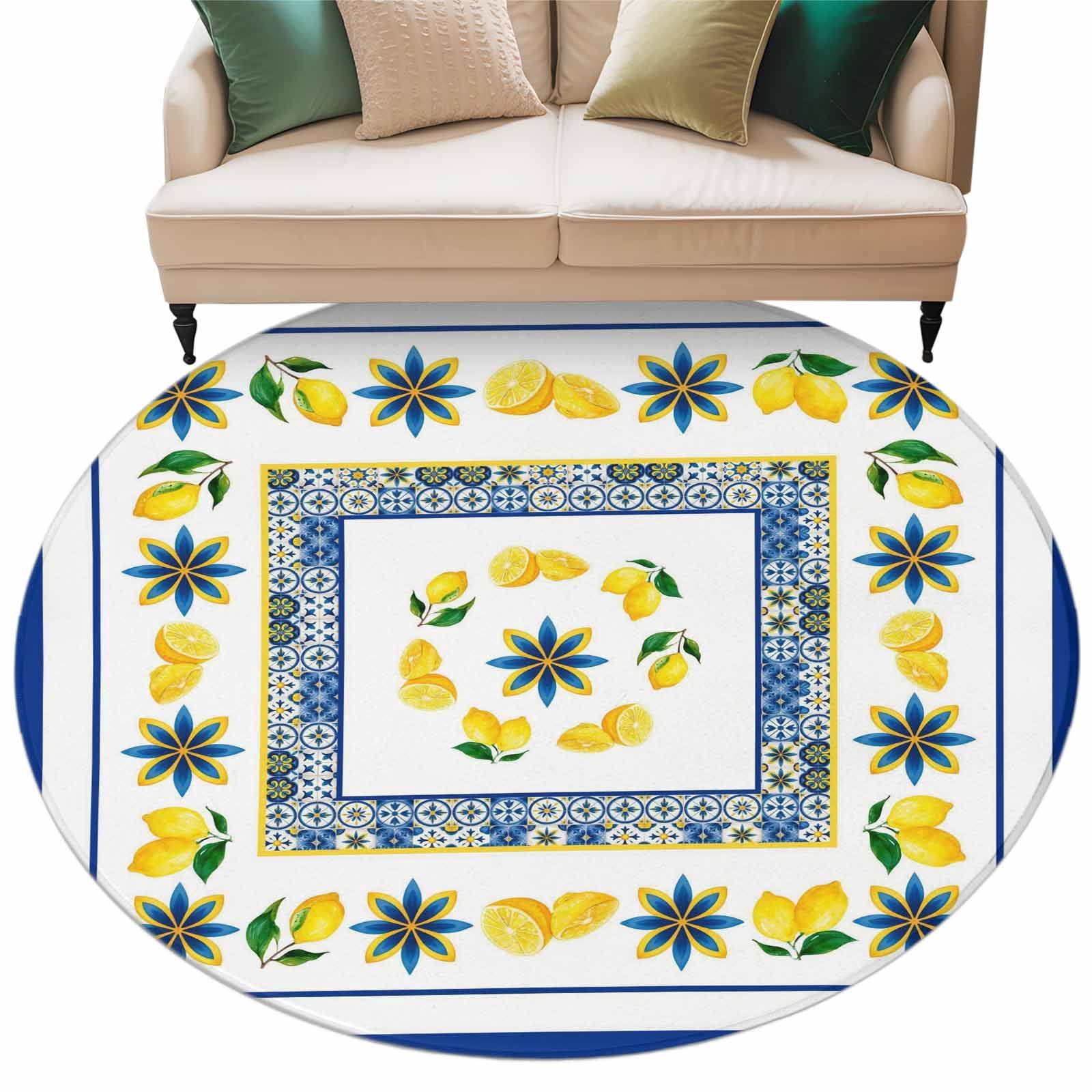Blue Lemons Round Rug 5ft Washable Circle Kitchen Rugs Non Slip Summer ...