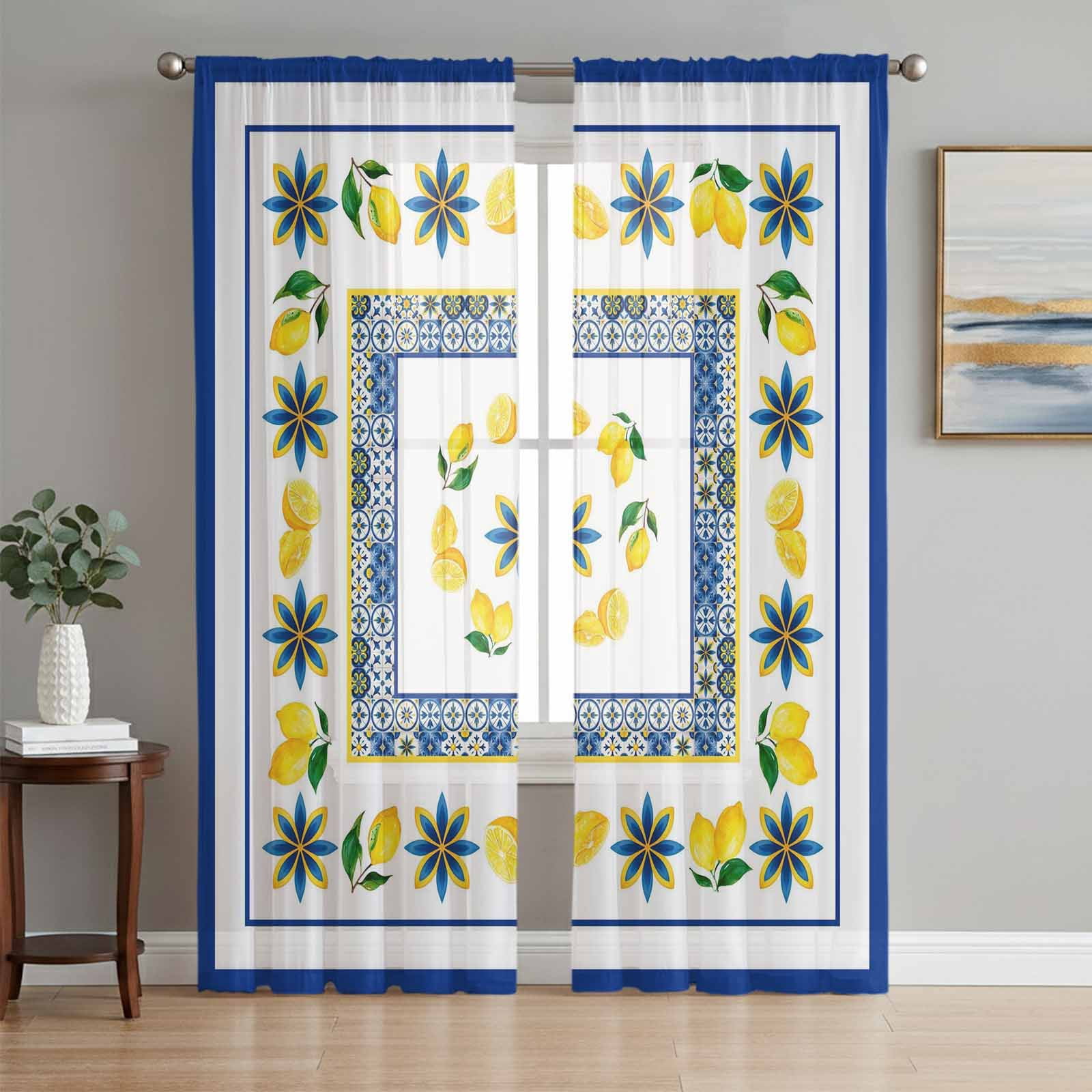 Blue Lemons Sheer Curtains for Living Room Bedroom Summer Watercolor ...