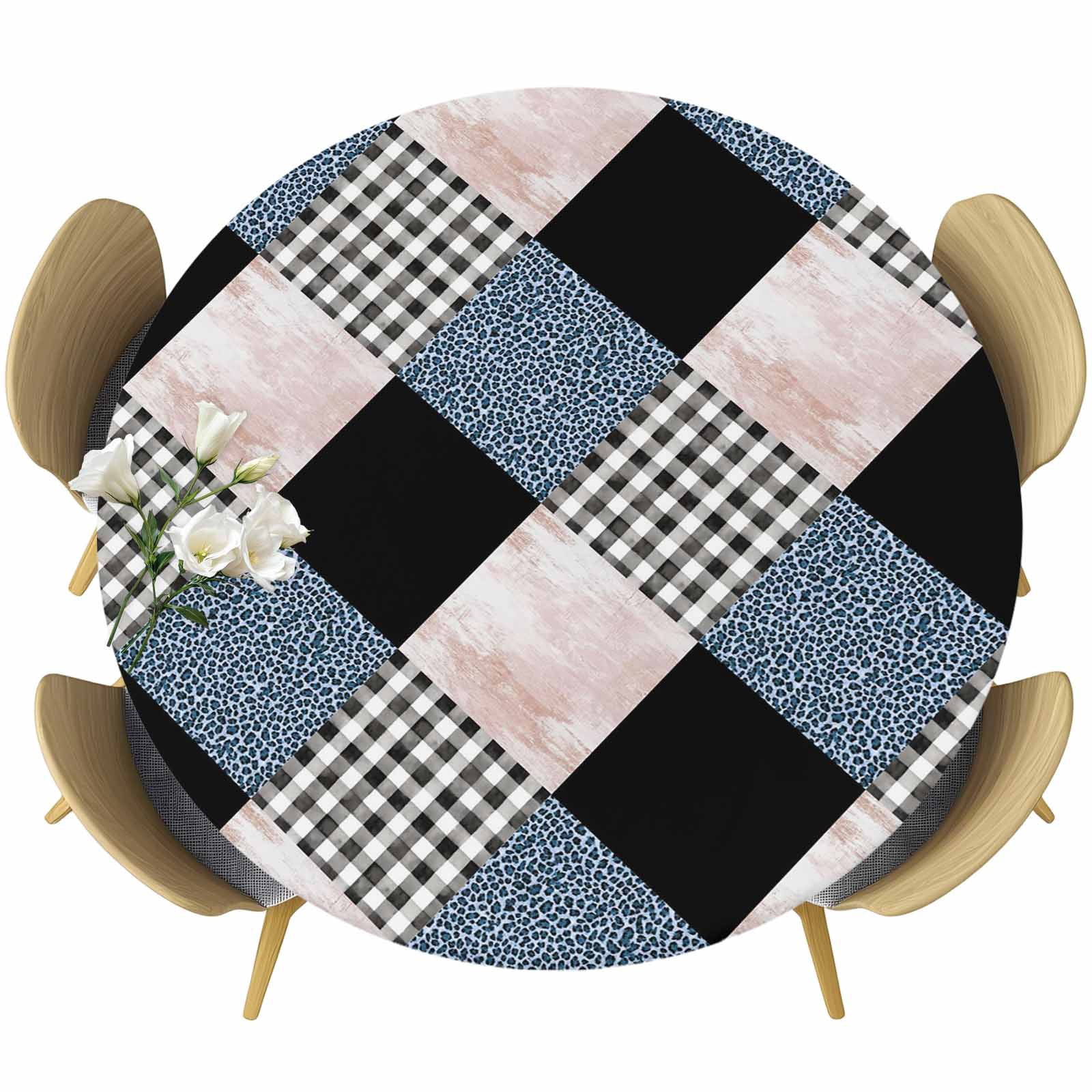 Blue Leopard Black Plaid Round Tablecloth 55-60 Inch Round Fitted Table ...