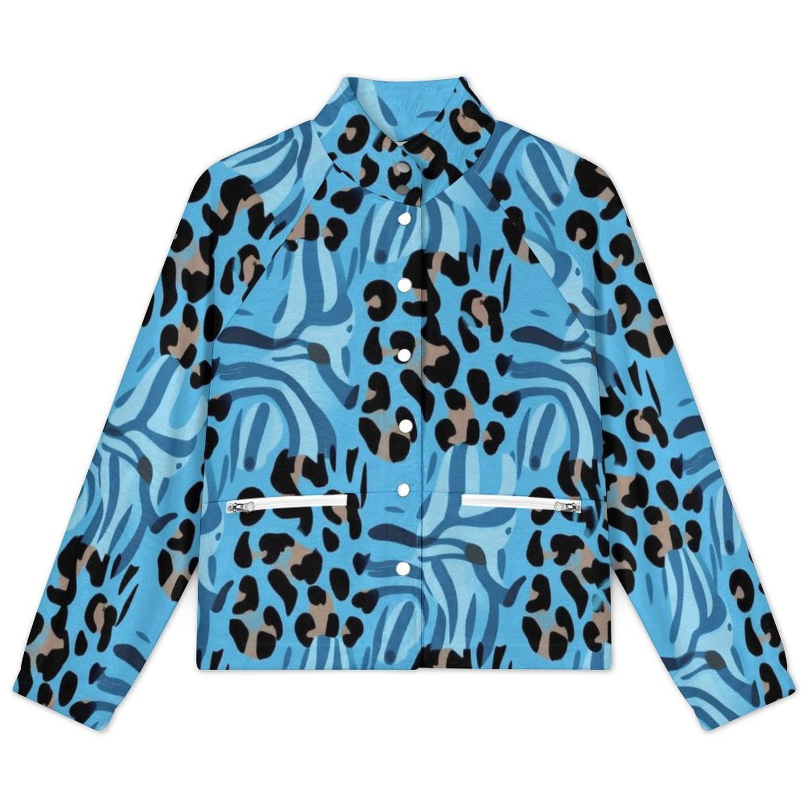 Blue Leopard Pattern Jacket Women's Stand Collar Warm Outwear Autumn ...