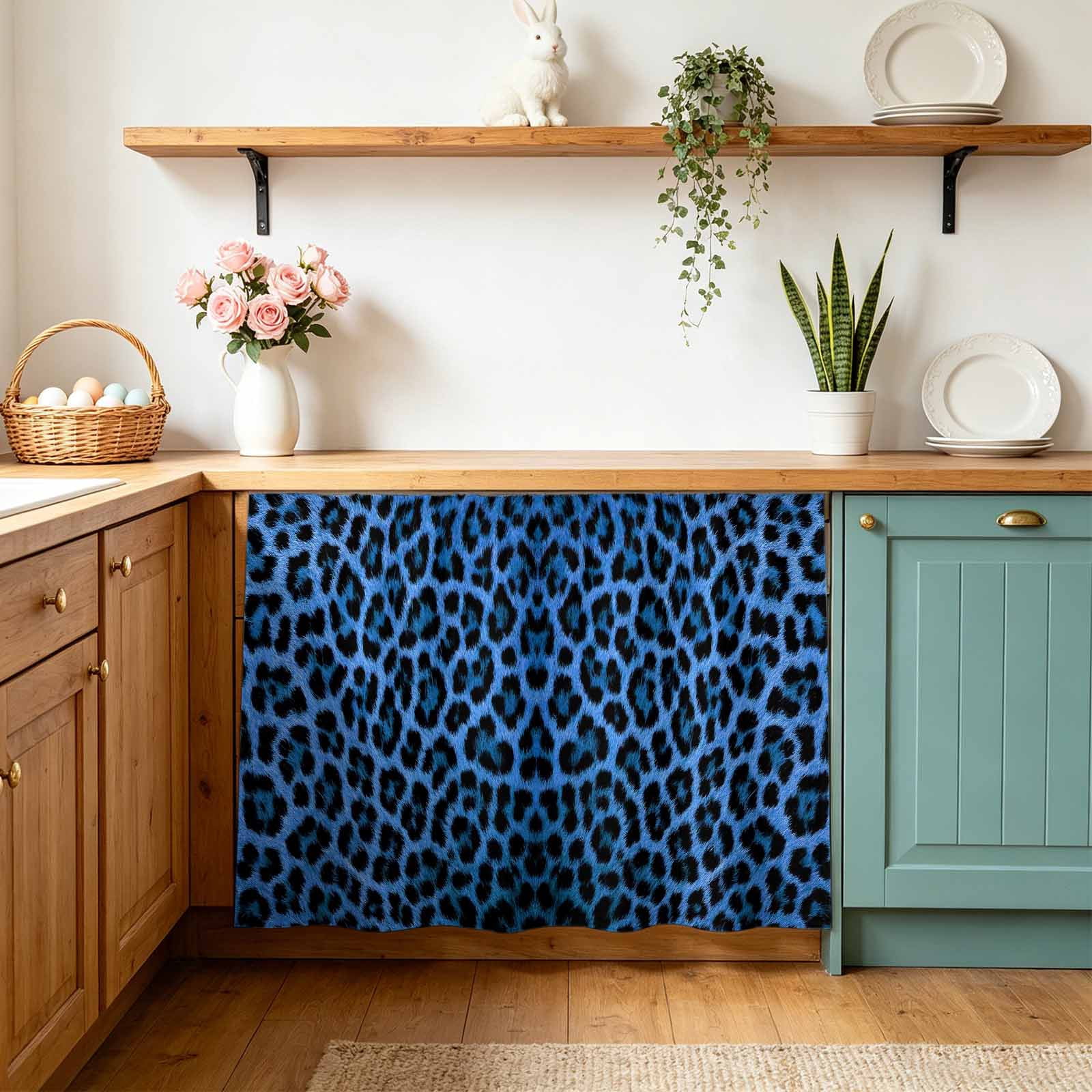 Blue Leopard Print Cabinet Curtain 28"Wx35"L,Dustproof Under Sink Skirt ...