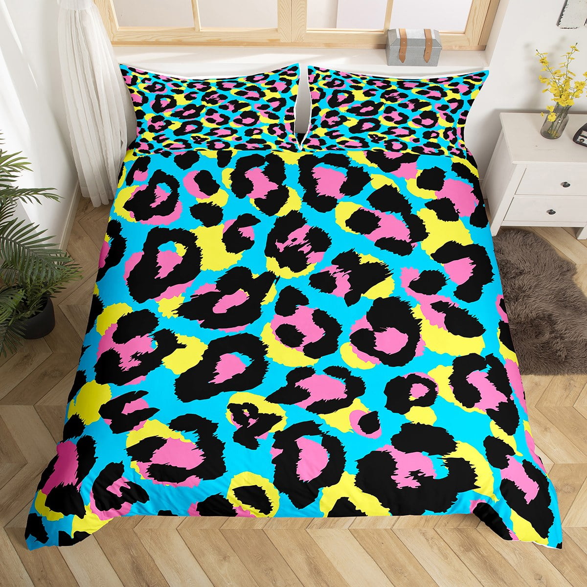 Blue Leopard Print Comforter Cover Pink Animal Printed Bed Set, Wild ...