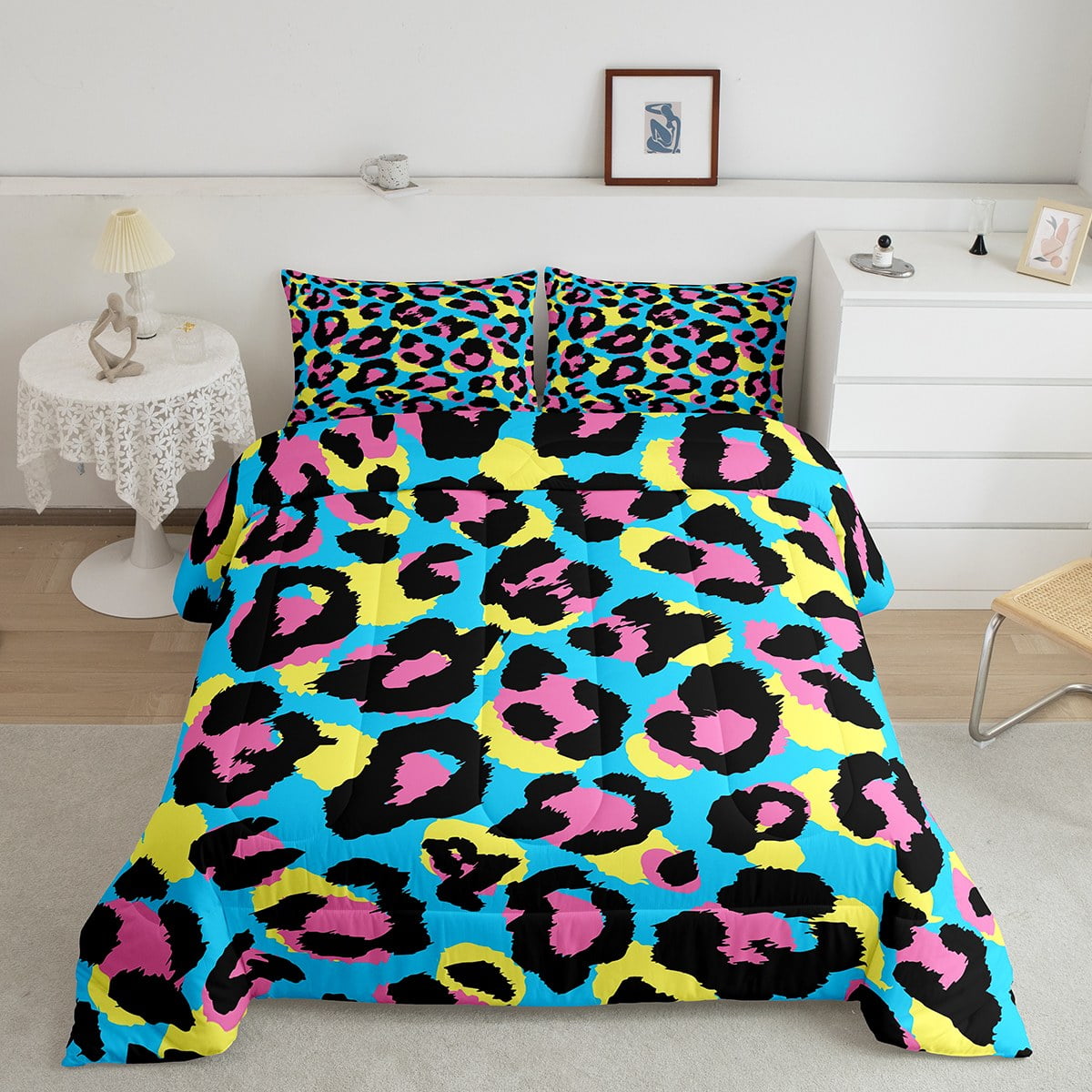 Blue Leopard Print Comforter Set Full Pink Animal Printed Bedding Set ...