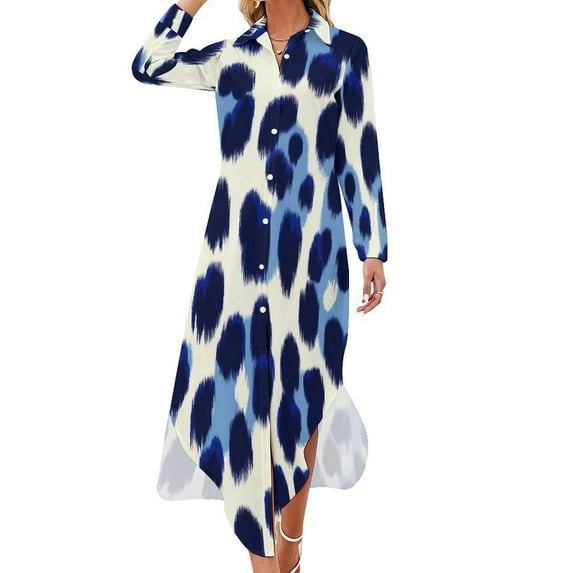 Blue Leopard Print Cream Background Shirt Dress Long Sleeve Street ...