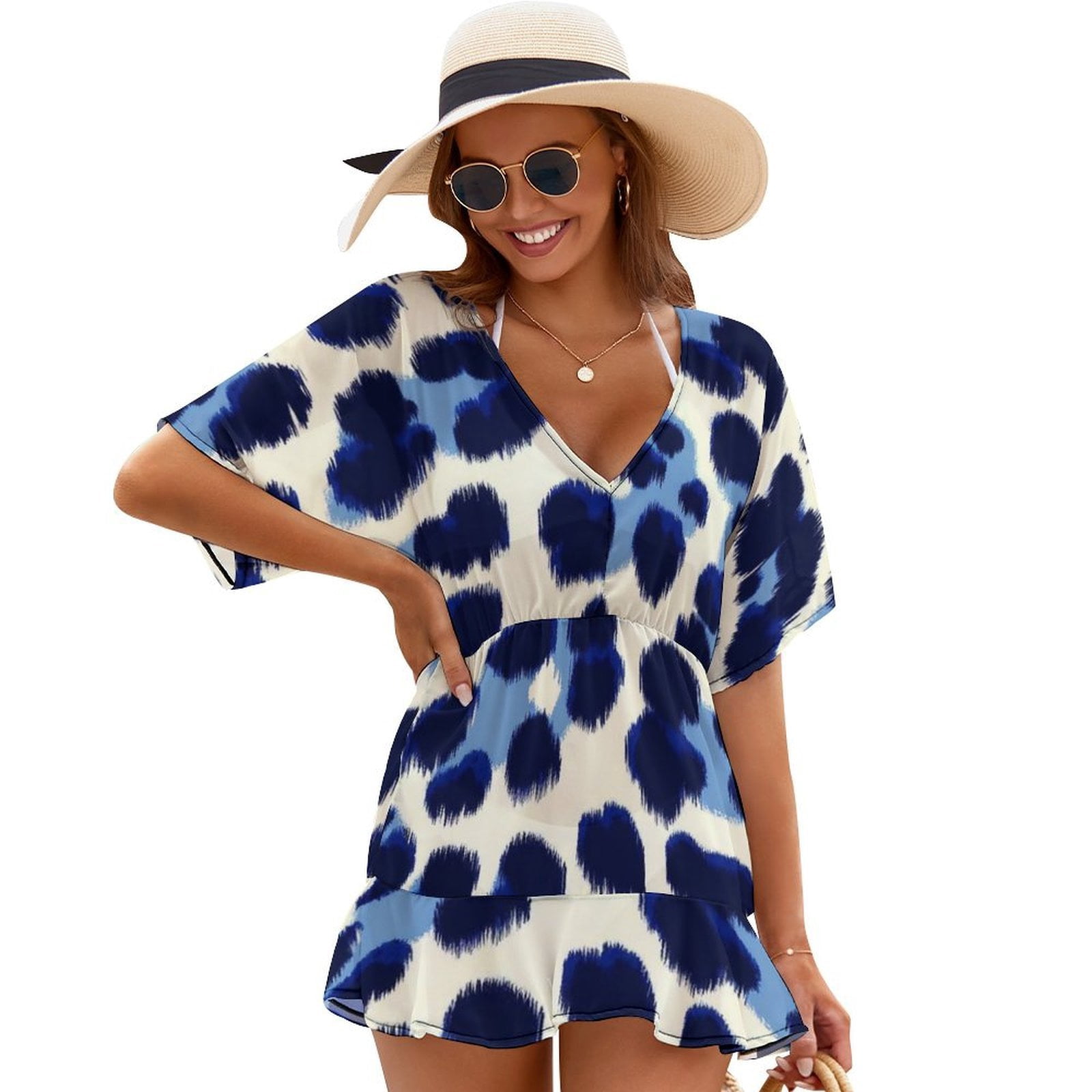 Blue Leopard Print Cream Background Women's Luxury Party Dress Evening ...