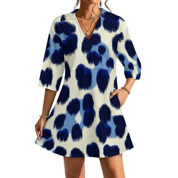 Blue Leopard Print Cream Background Womens Dress With Pockets Summer V ...