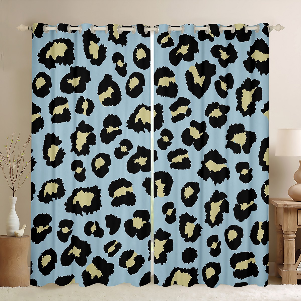 Blue Leopard Print Curtains Beige Animal Printed Blackout Curtains ...