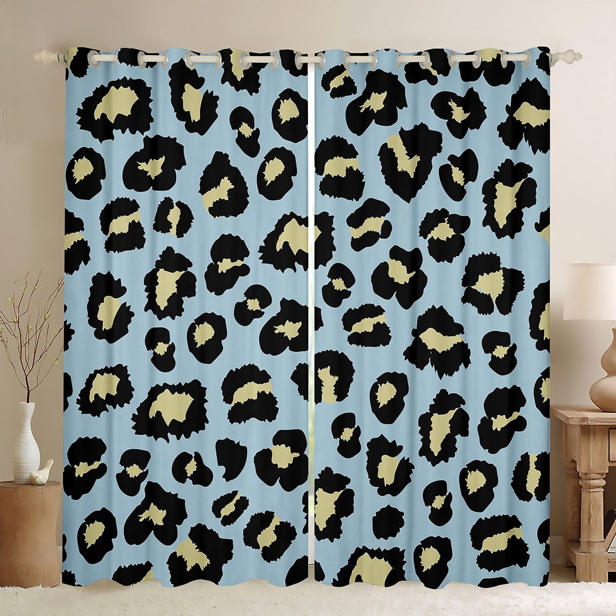 Blue Leopard Print Curtains Beige Animal Printed Curtains & Drapes ...