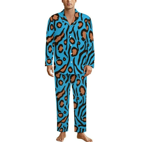 Blue Leopard Print Pajama Set Autumn Soft Home Sleepwear Man 2 Piece ...