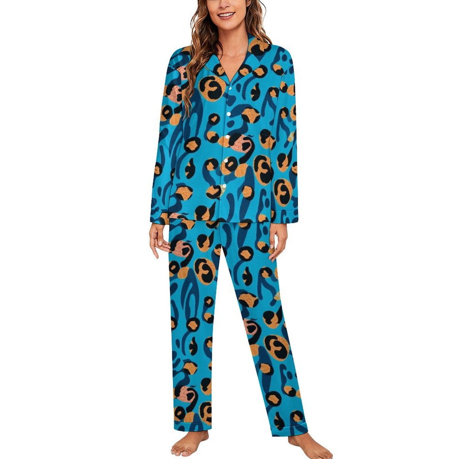 Blue Leopard Print Pajamas Long-Sleeve Two Piece Pajamas Set Women V ...