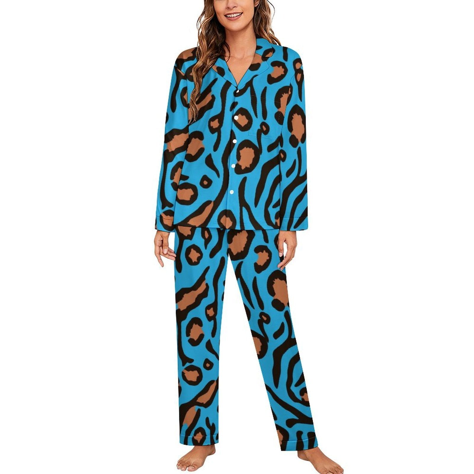 Blue Leopard Print Pajamas Long-Sleeve Two Piece Pajamas Set Women V ...