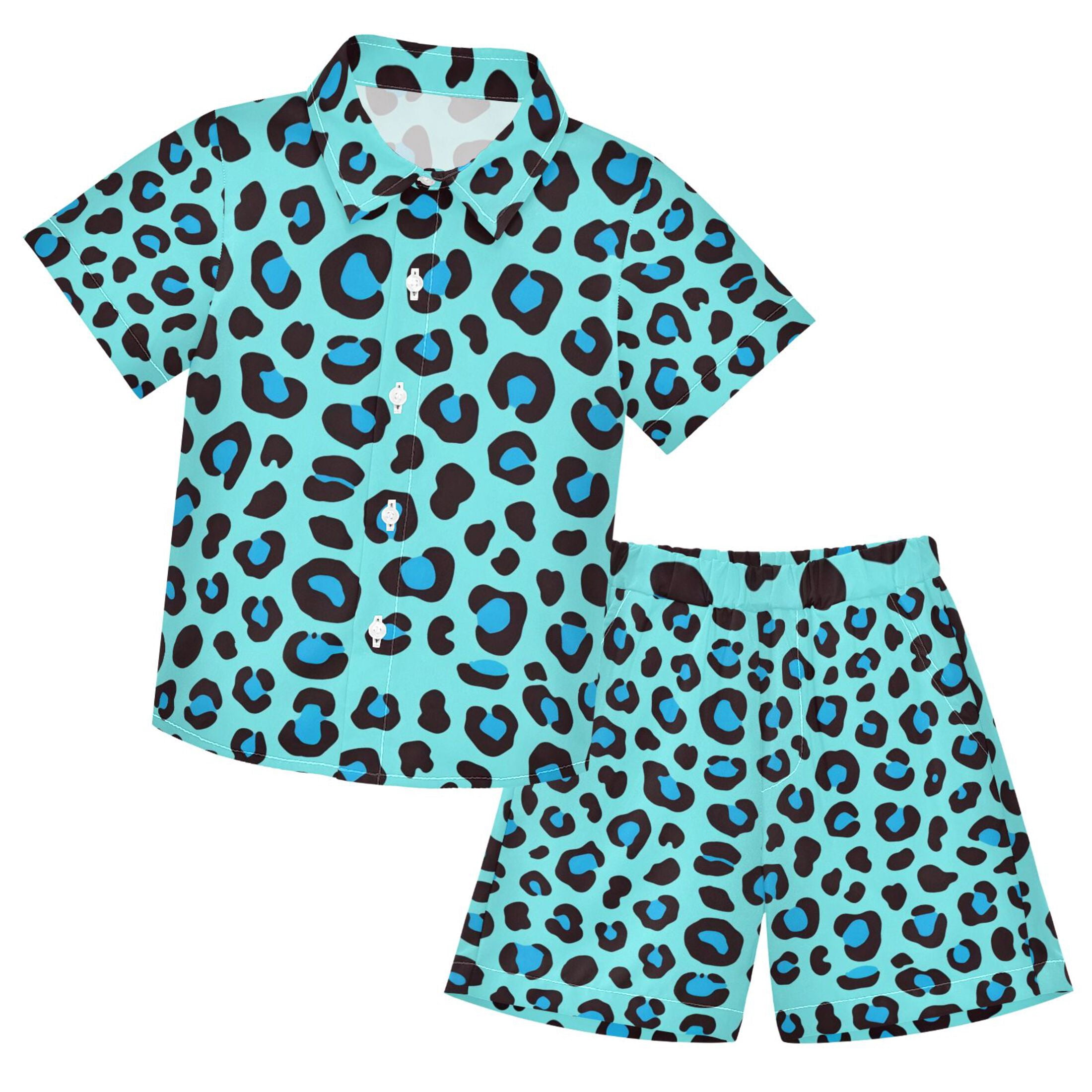 Blue Leopard Print Pattern Boys' Hawaiian Shorts Sets Button Down ...
