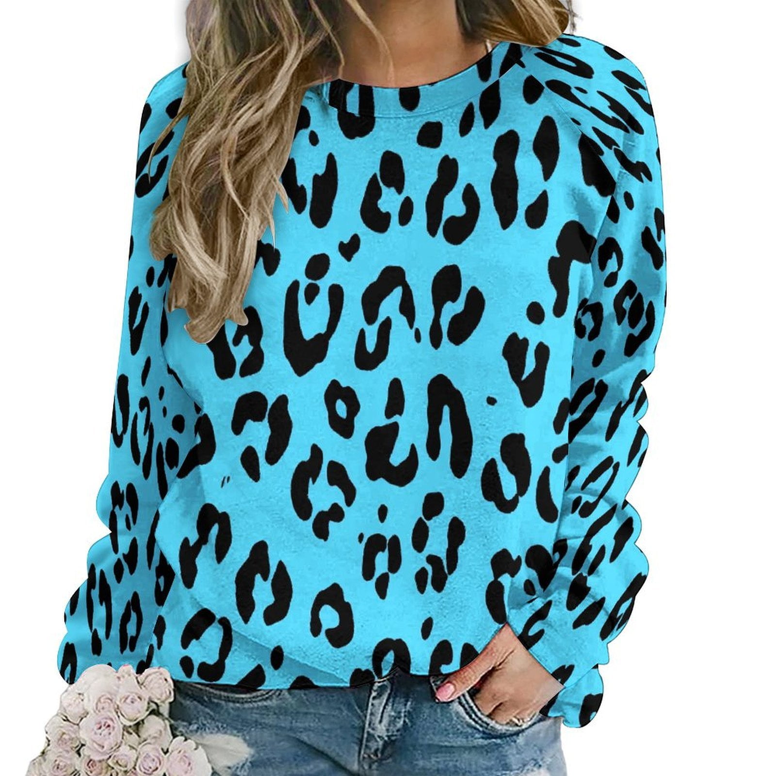 Blue Leopard Print Pattern Fashion Round Neck Long Sleeve Printed ...