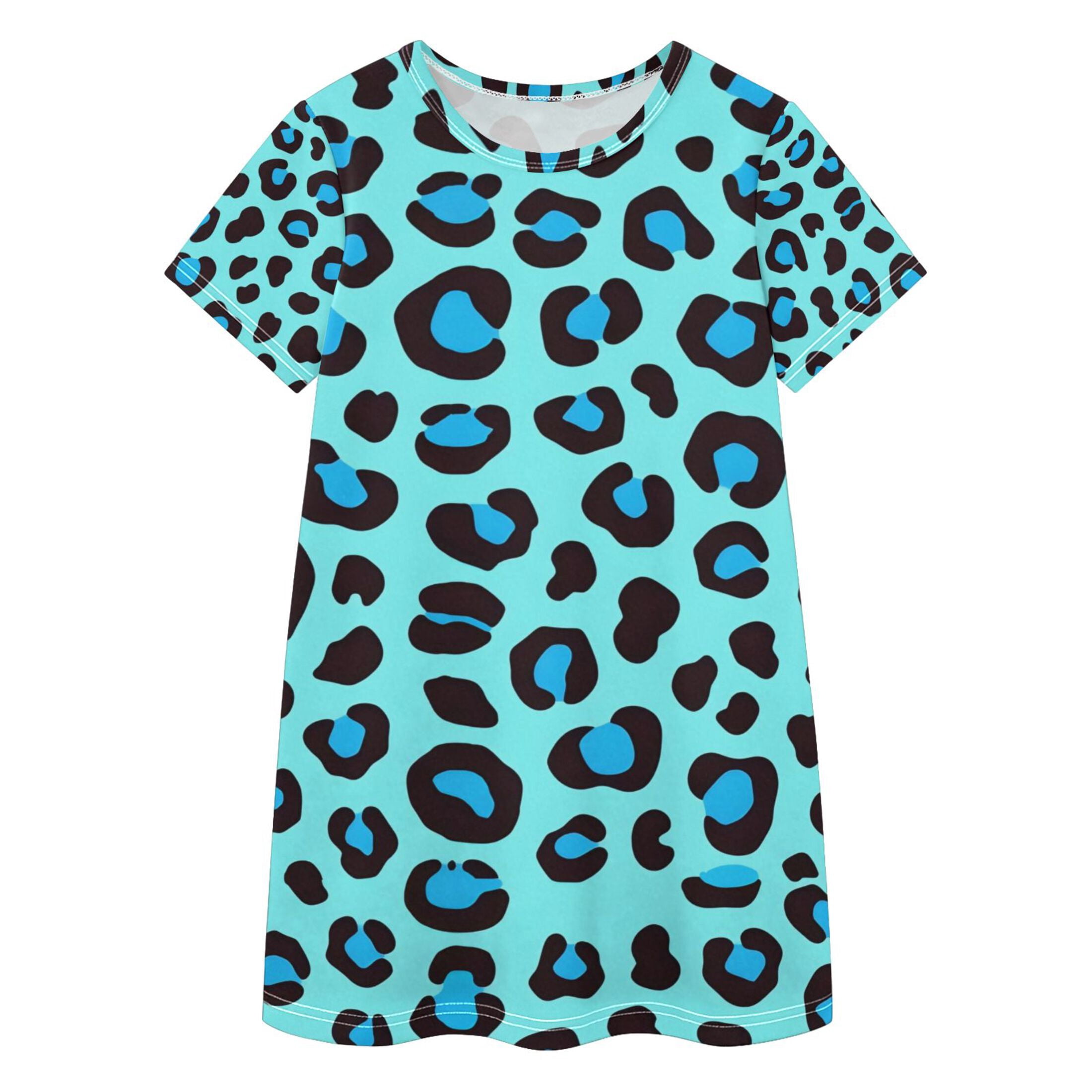 Blue Leopard Print Pattern Girls' Casual Dresses Short Sleeve Cotton ...