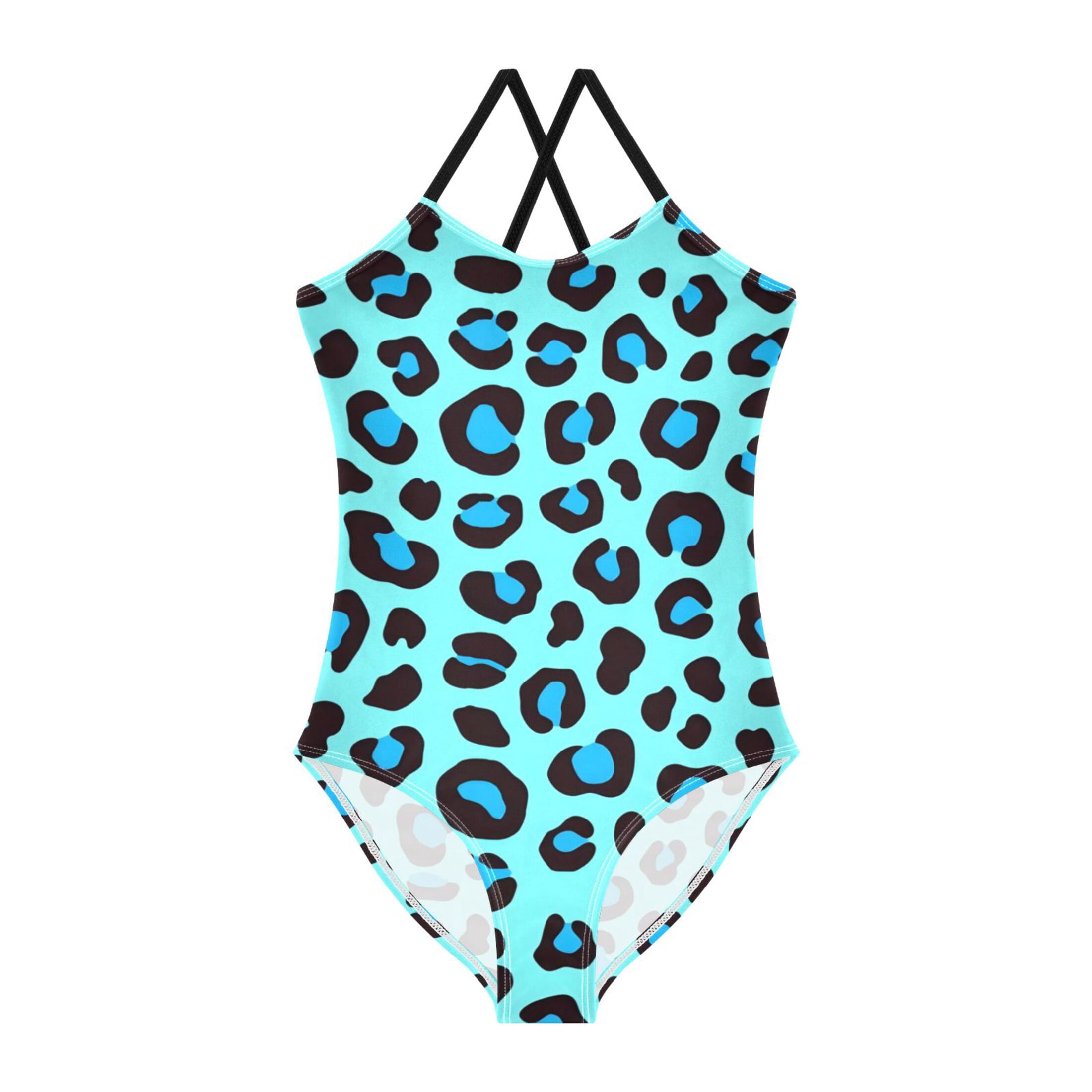 Blue Leopard Print Pattern Girls' One-Piece Swimwear 3T-10T Soft ...
