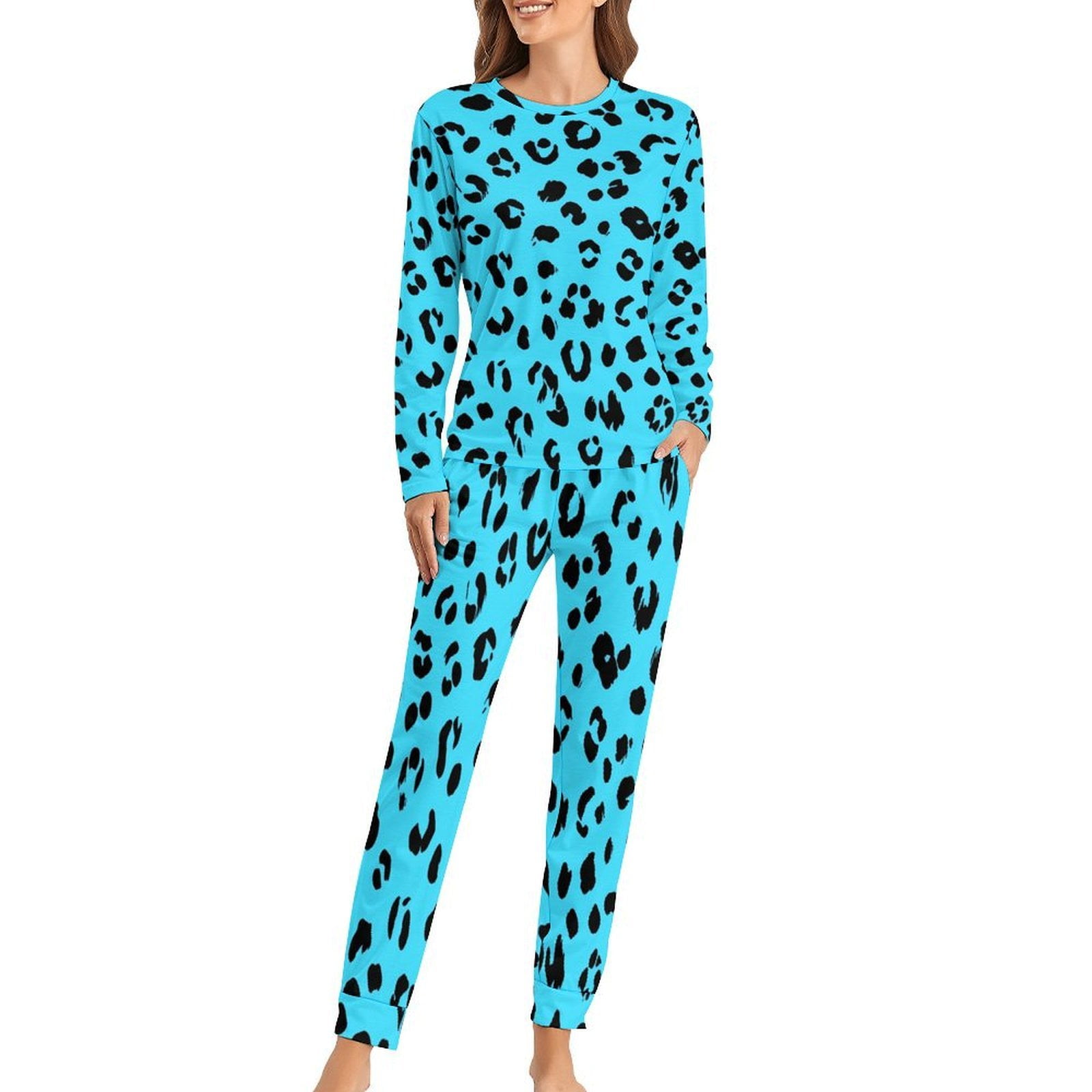 Blue Leopard Print Pattern Pajamas Woman 2 Piece Vintage Pajamas Set ...
