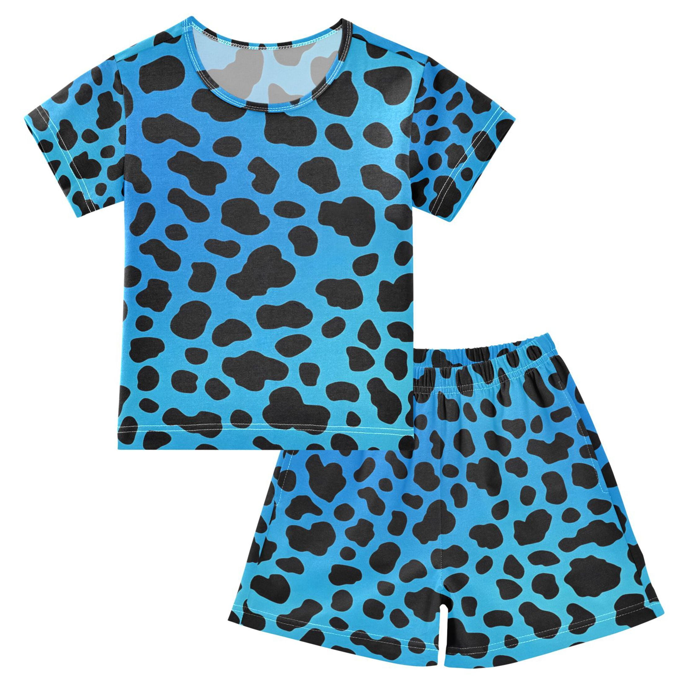 Blue Leopard Print Pattern Summer Pajama Set Soft Cotton Short Sleeve ...