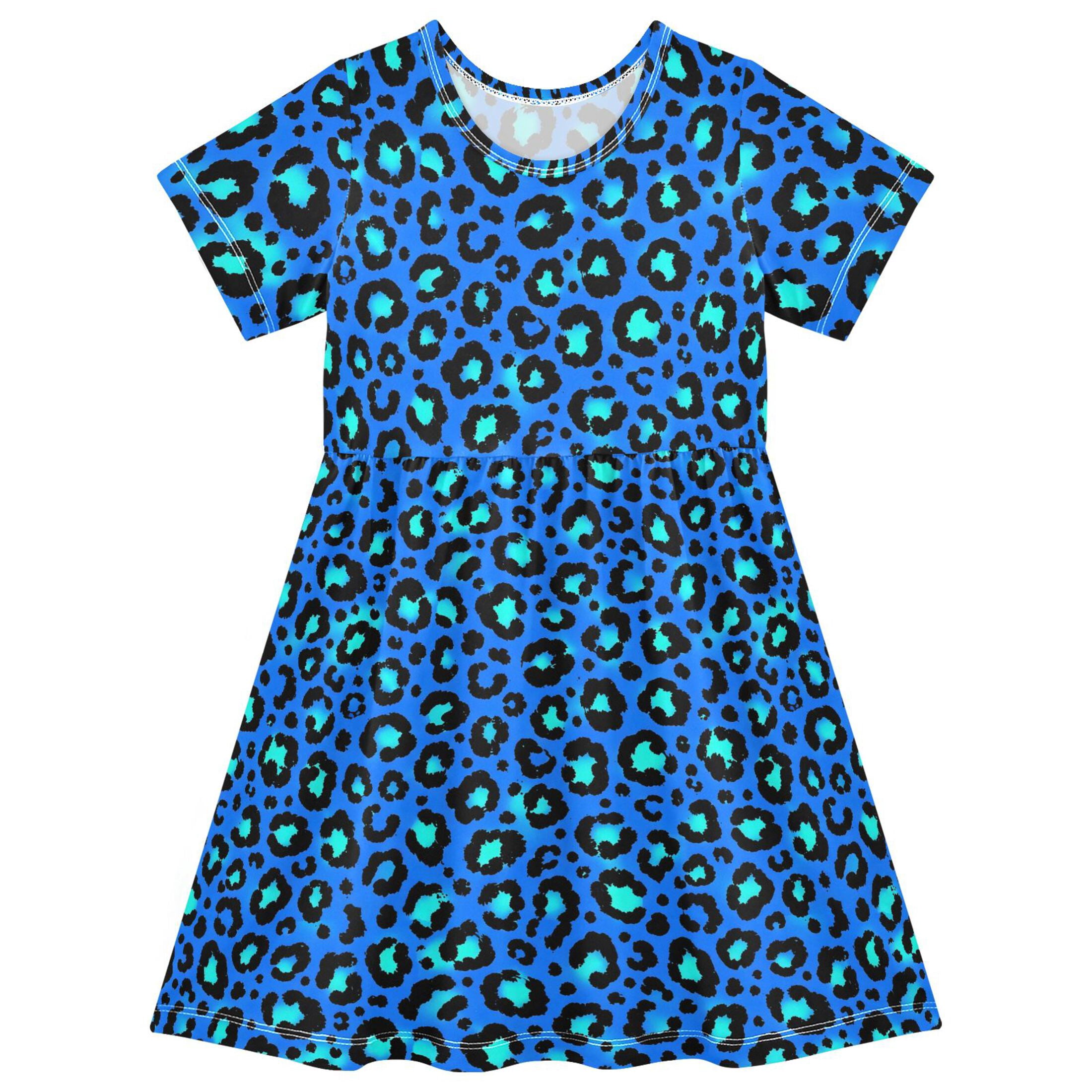 Blue Leopard Print Short Sleeve Dress A-Line Cute Midi Casual Sundress ...