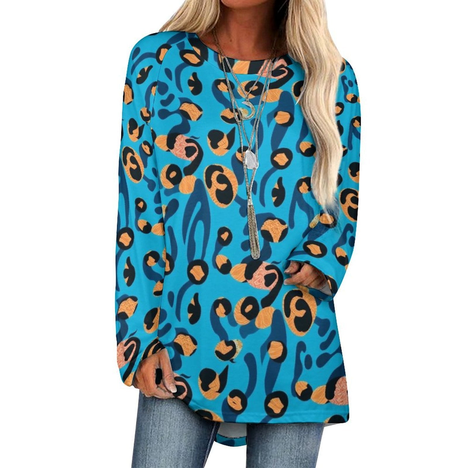 Blue Leopard Print Spring And Autumn Women's Shirts Round Neck Shirts ...