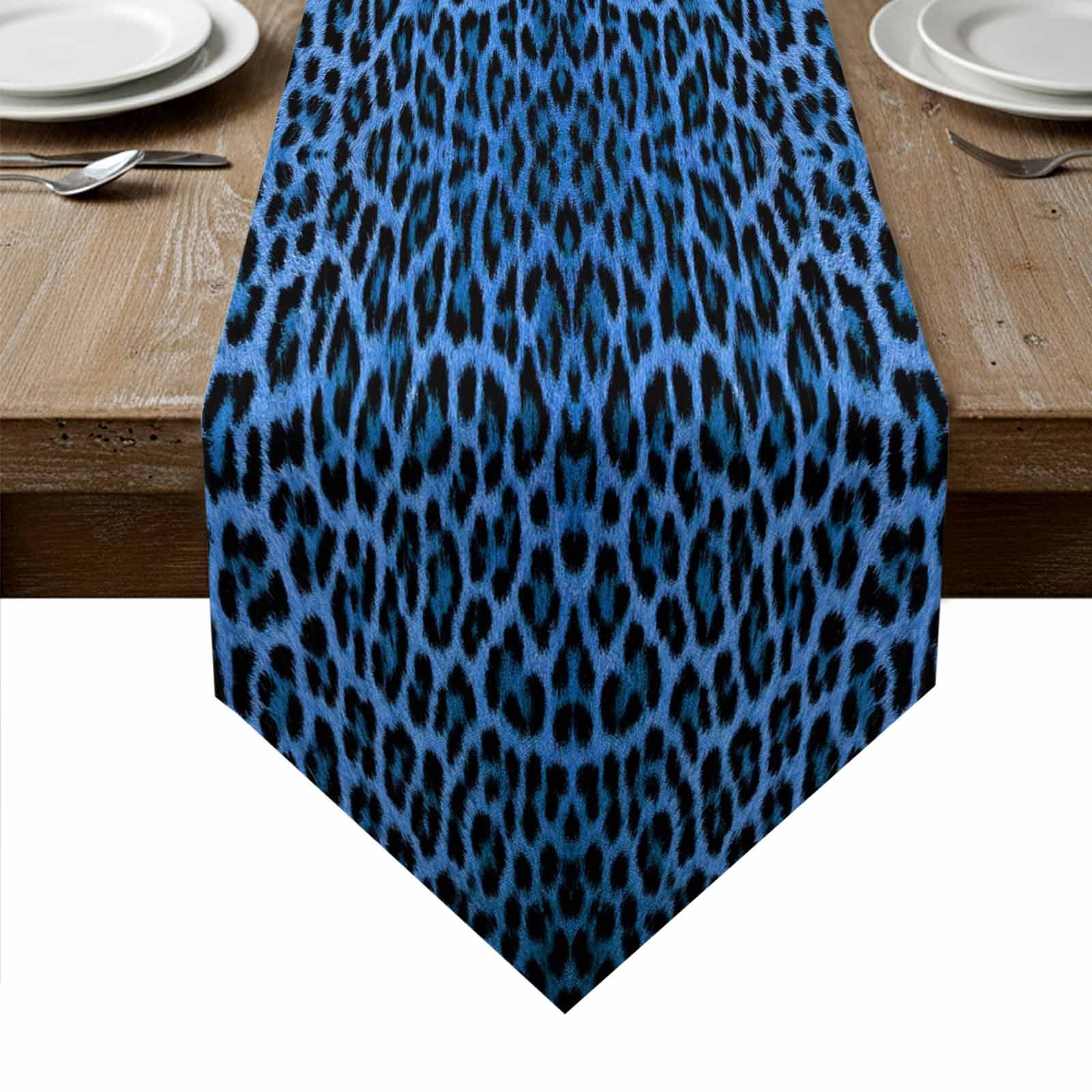 Blue Leopard Print Table Runner Linen Burlap Table Runner 108 Inches ...