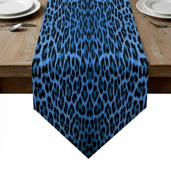 Blue Leopard Print Table Runner Linen Burlap Table Runner 108 Inches ...
